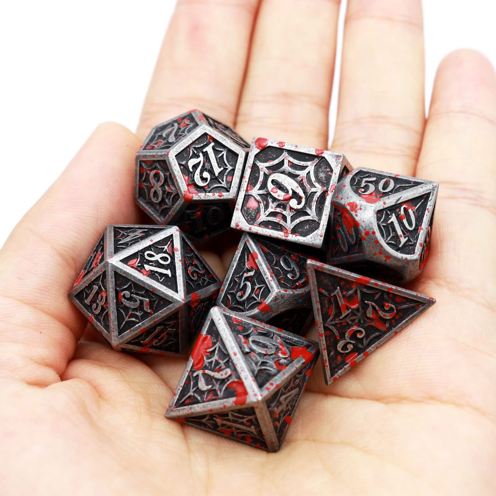 Haxtec Blood Splatter Metal DND Dice Set W/Gift Leather Dice Bag Bloodstained D&D Dice Spider Web Pattern Polyhedral Dice for Dungeons and Dragons TTRPG Games