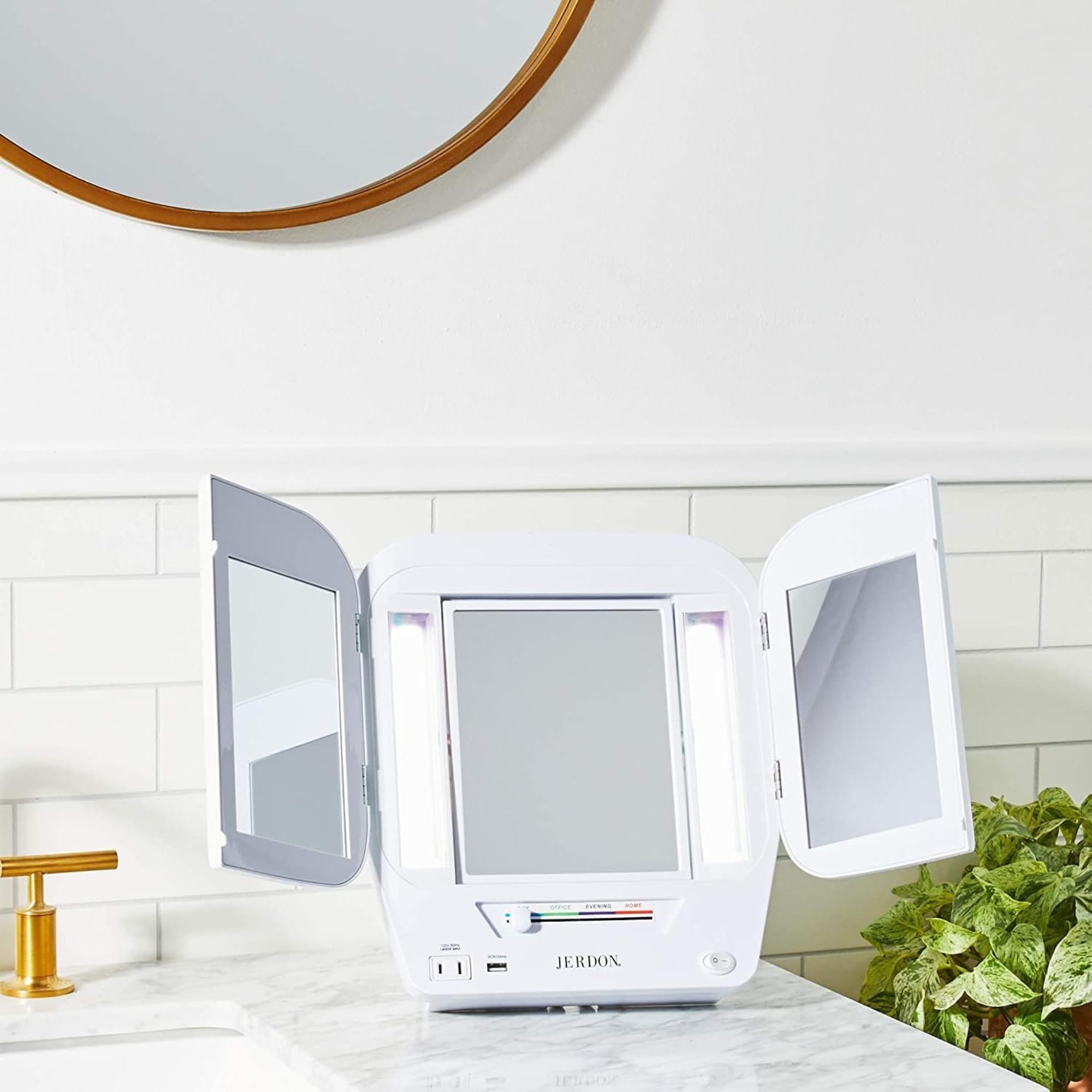 JERDON Modern Tri-Fold Makeup Mirror with Lights - Vanity Mirror with 5X Magnification & Multiple Light Settings - White Base - Model JGL10W