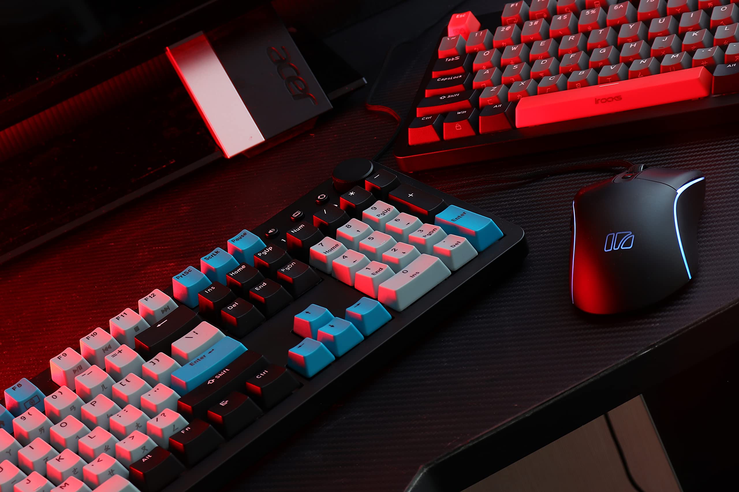 i-rocks K73M Mechanical Gaming Keyboard with Media Control Knob, 107 Keys, PBT Keycaps, Multimedia Hotkeys, Detachable USB-C Cable (Cherry MX Brown Switches, Cyberpunk Blue)