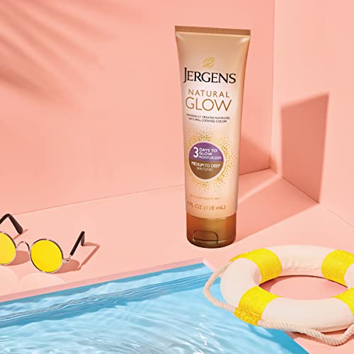 Jergens Natural Glow 3-Day Self Tanner, Sunless Tanner for Medium to Deep Skin Tone, Sunless Tanning Lotion Daily Moisturizer, for Streak-free Color, 4 Ounce