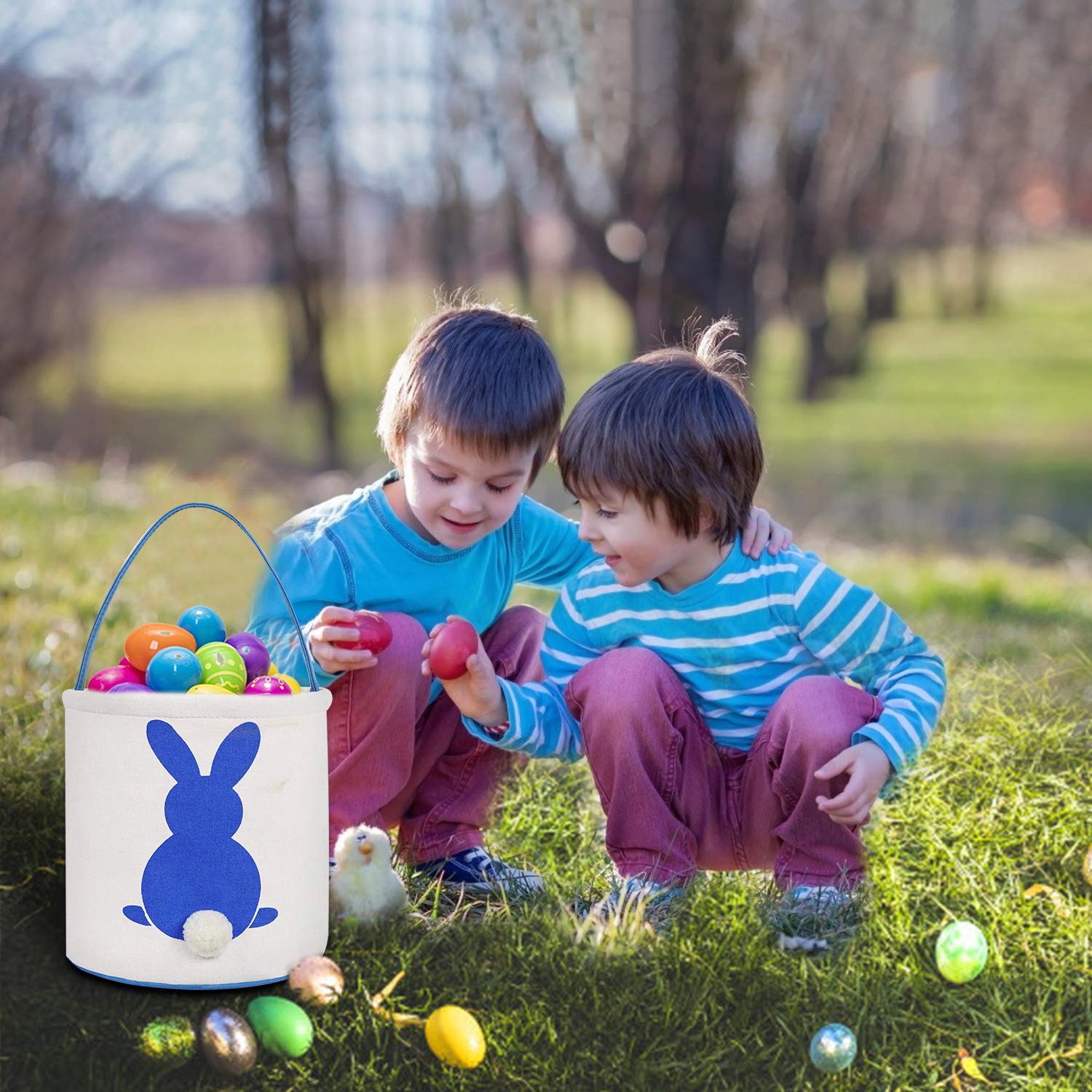 TOPLEE 3 PCS Easter Eggs Hunt Basket for Kids Canvas Bunny Basket Egg Bags Rabbit Fluffy Tails Party Celebrate Decoration Gift Toys Carry Bucket Tote