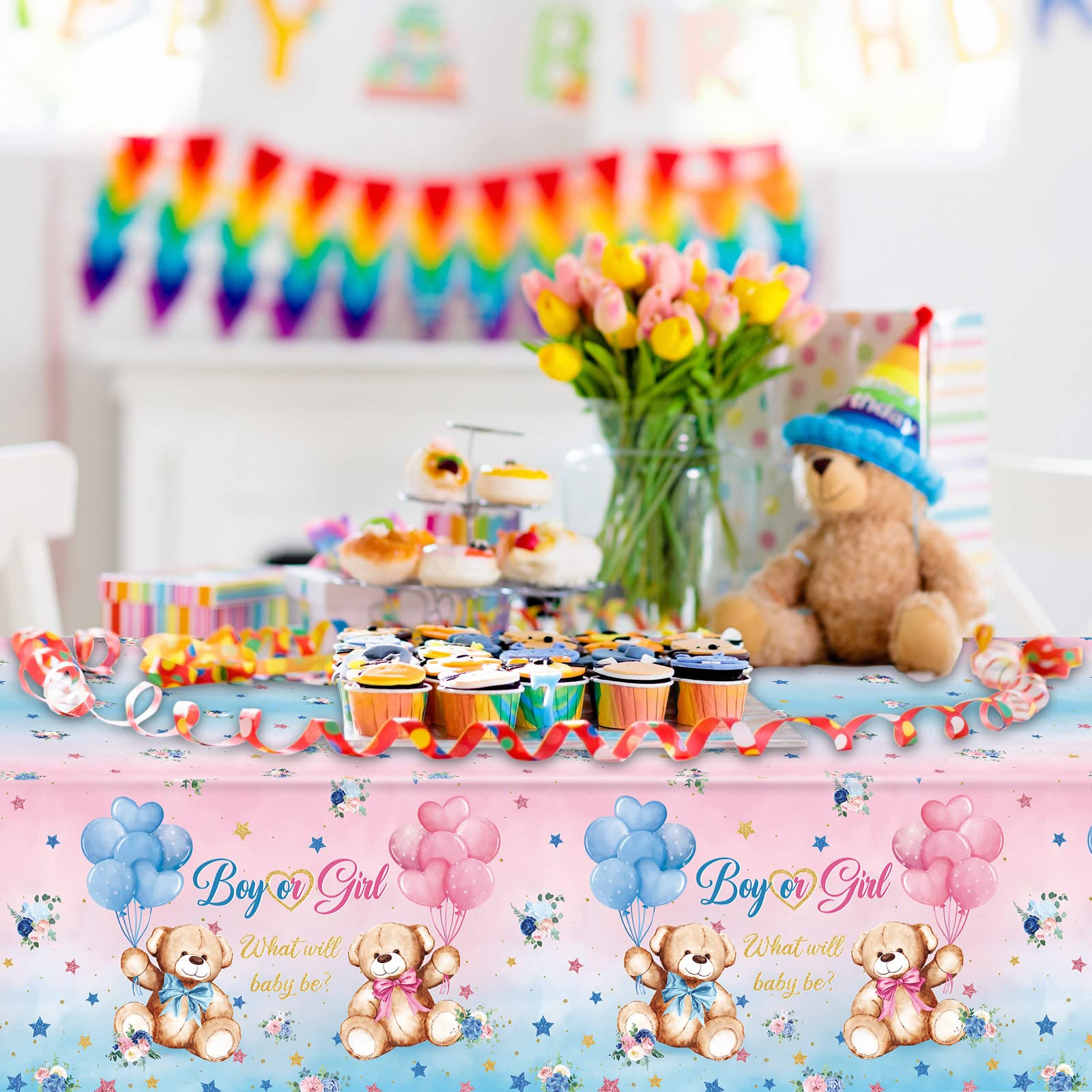 Capoda 3 Pcs Bear Baby Shower Tablecloths Bear Gender Reveal Table Covers Rectangle Plastic Bear Table Cloths for Bear Baby Shower Gender Reveal Party Decorations, 54 x 108 Inch, Blue Pink