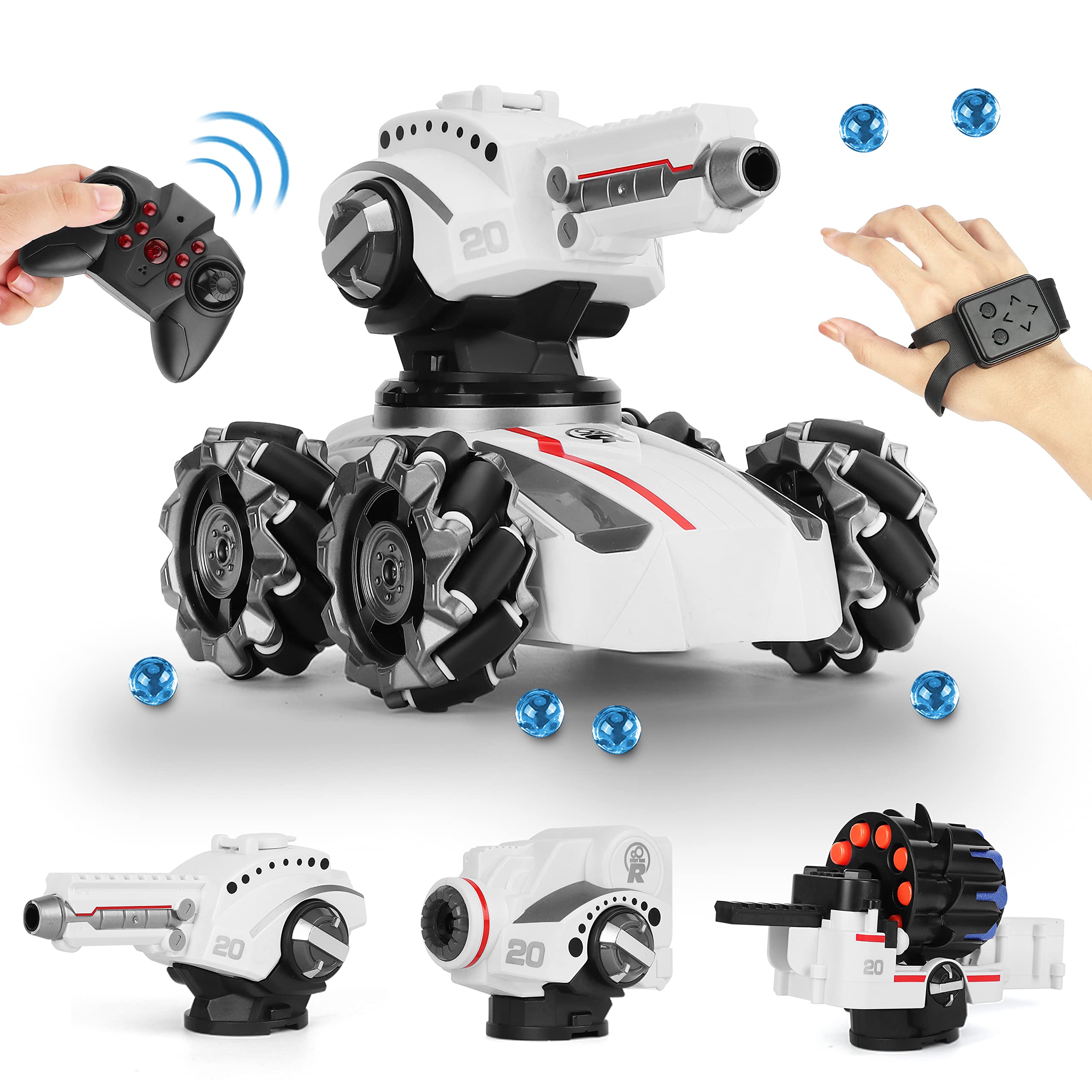 CXJ 3 Head RC Car,Rc Tank Car Shooting Water Bullets Remote Control Car, Kids 4WD Battle Stunt Car, Blow Bubble, Shoot Foam Darts, 360°Rotating, LEDs, Music, Toy Gifts for 6-15 Years Old Boys Girls