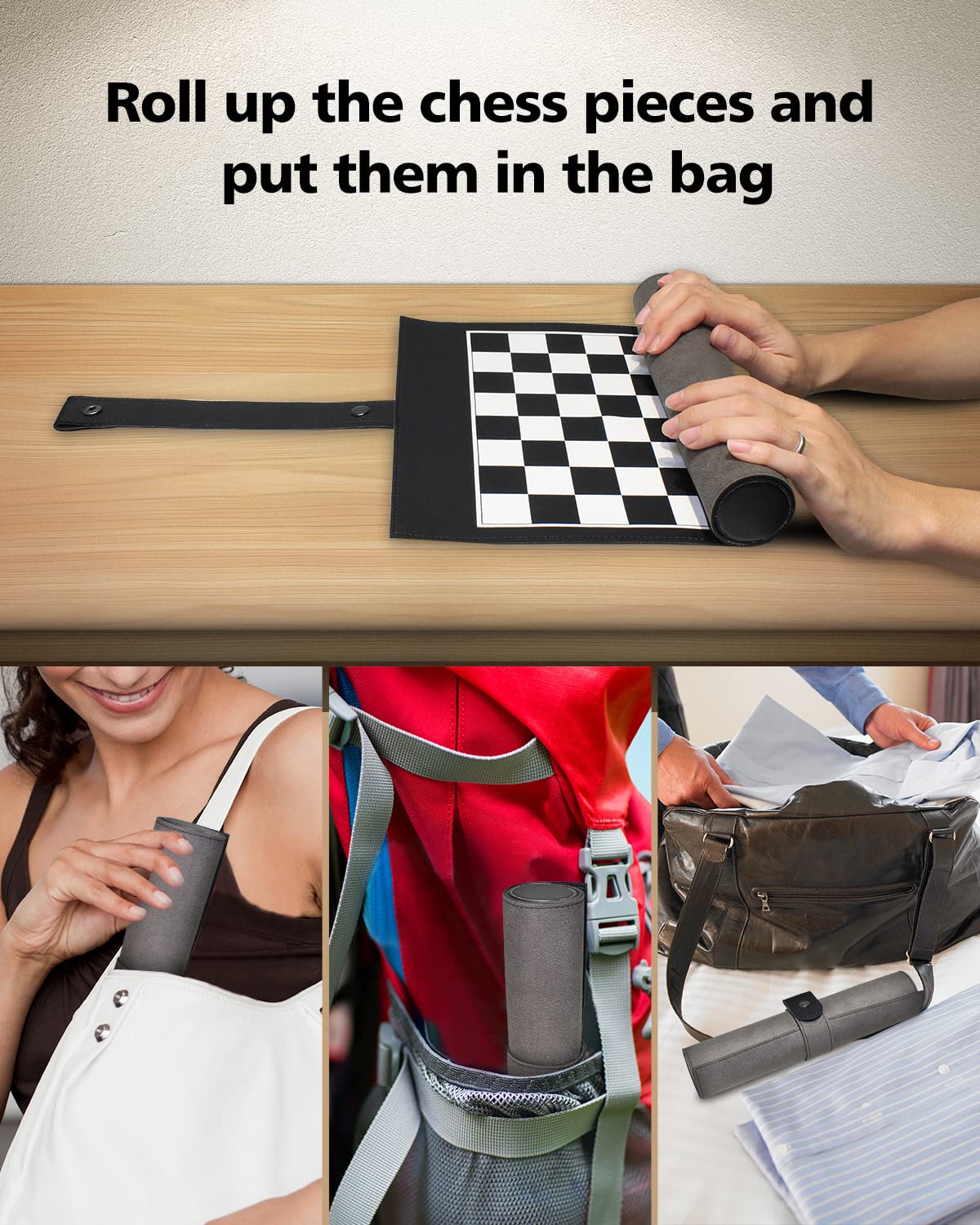 COBER Chess and Piece Set, Genuine Leather Roll-Up Travel Game for Adults and Kids,Camping Games, Gift for Outdoor Enthusiasts, Size: 9.8''x1.7'' Lightweight and Portable
