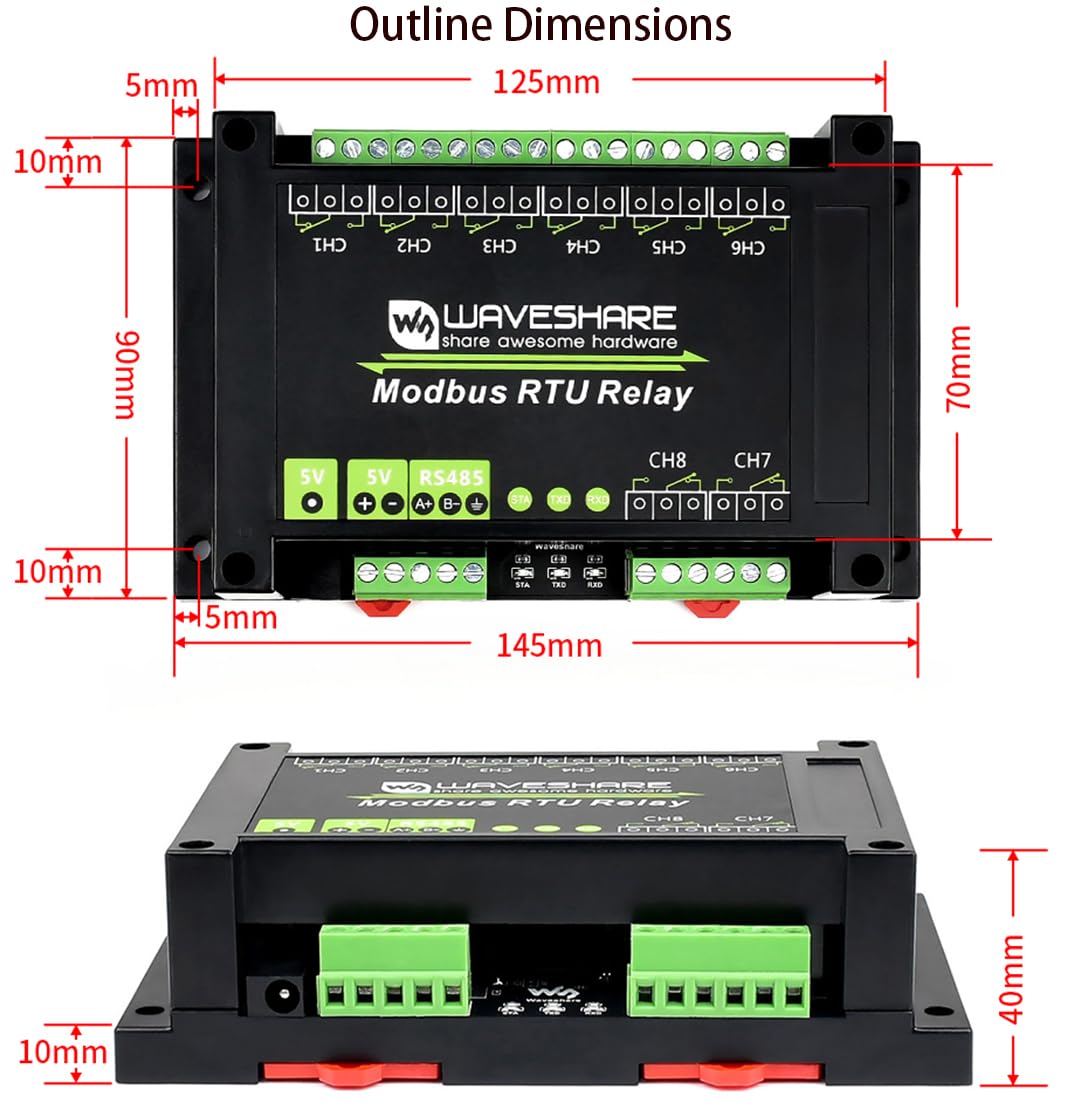 Waveshare Industrial Modbus RTU 8-Ch Relay Module with RS485 Bus, Multi Isolation Protection, 5V Voltage
