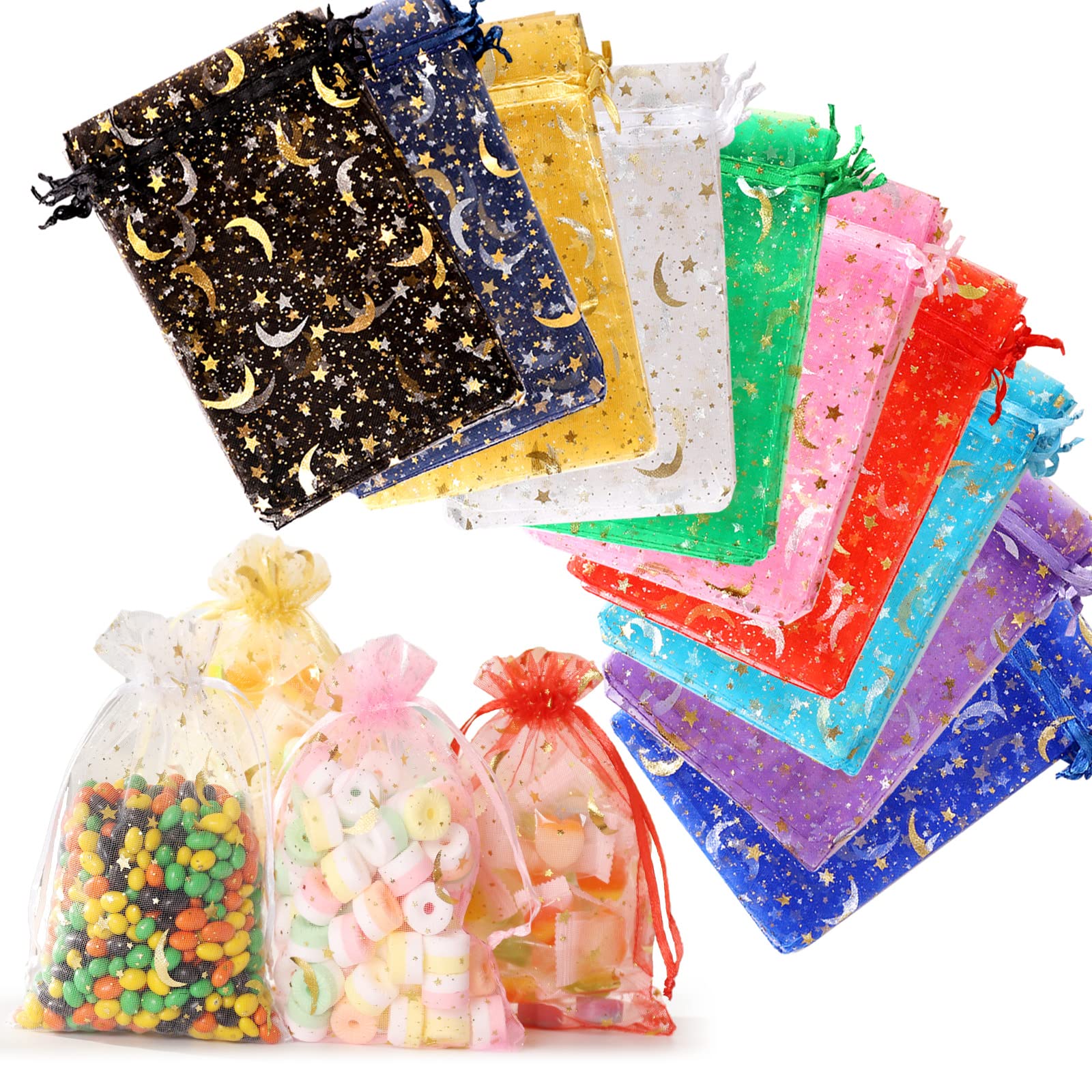 ENNIYU 100 Pieces Moon Star Organza Jewelry Candy Bags, 3x4inch Random Colors Mesh Bags, Organza Favor Bags Gift Pouches with Drawstrings for Weddings, Parties, and Valentine's Day.