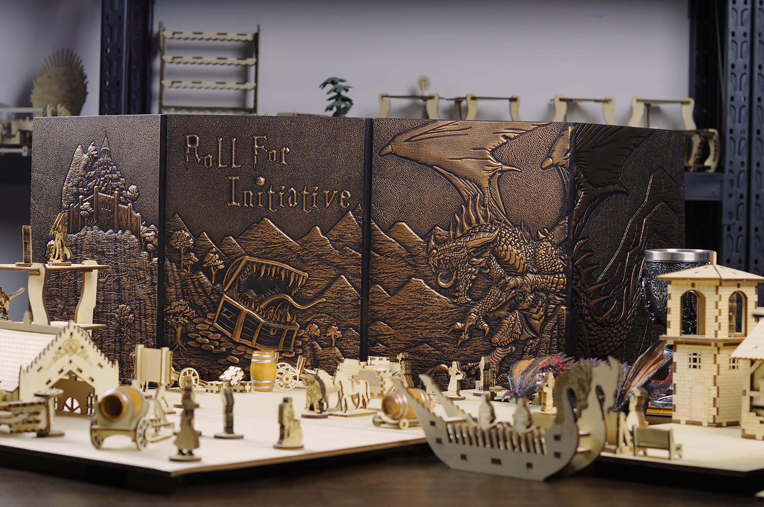 CZYY DND Dungeon Master Screen Faux Leather Embossed Dragon & Mimic, Four-Panel with Pockets DM Screen for Dungeons and Dragon, Pathfinder, D&D