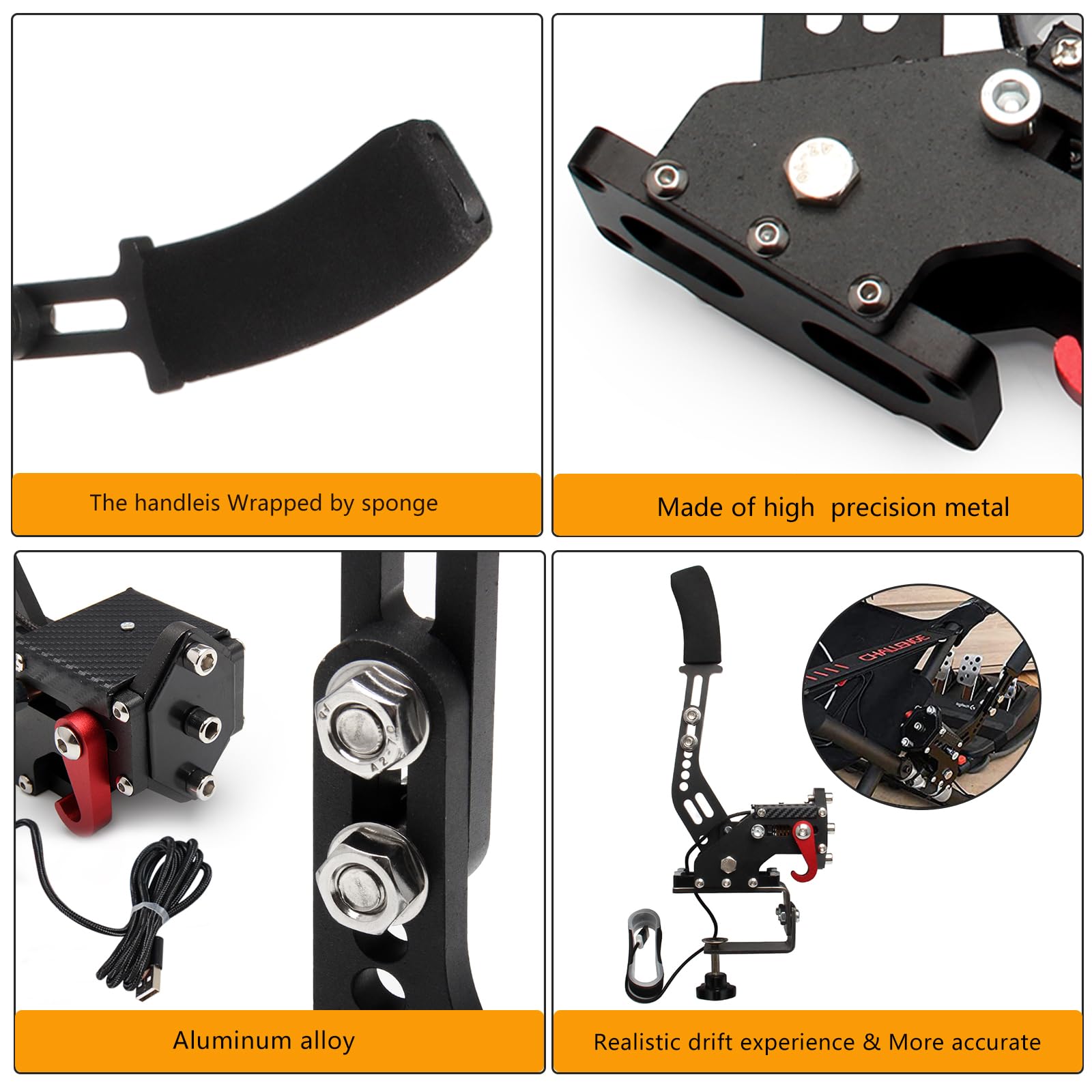 YESHMA 64 Bit USB Handbrake PC Handbrake & Non-Contact Plus Hall Sensor Compatible With G25/27/29/920 T500 T300,Professional Gaming Peripherals using for Racing Games(Black without Clamp)