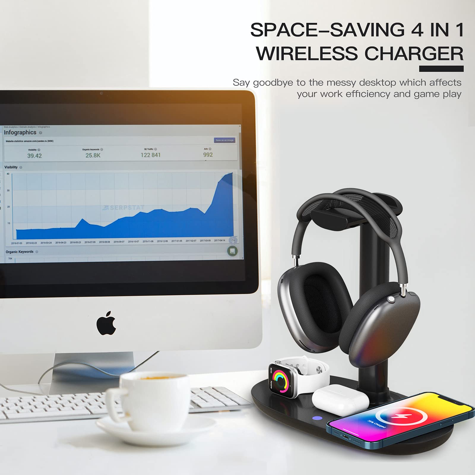 Headphone Stand with 15w Wireless Charger, Suguder 4 in 1 Charging Station Headset Holder for AirPods Max/Pro/4/3/2 iWatch 10/9/8/7/6/5/4/3/2/1/SE iPhone 16/15/14/13/12/11/X for Desktop Table Game