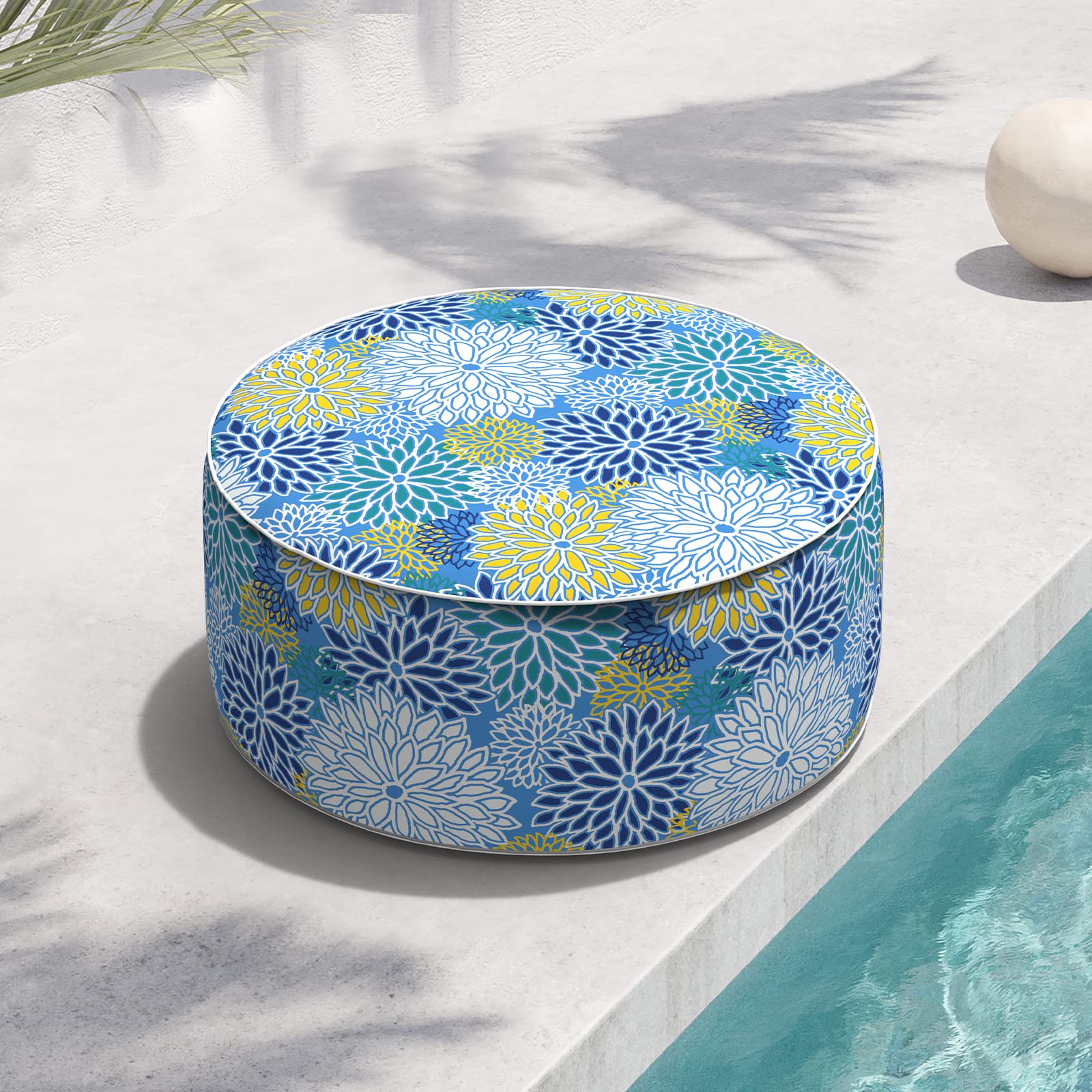 TWLEAR Indoor/Outdoor Inflatable Ottoman D21 x H9 inch, Round Footstool Inflatable Foot Rest Ottoman with Handle, Portable Ottoman Pouf for Patio, Garden, Camping, Home, Dahlia Blue