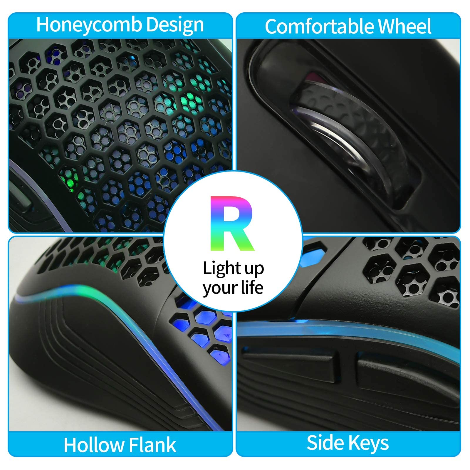 Honeycomb Wired Gaming Mouse, RGB Backlight and 7200 Adjustable DPI, Ergonomic and Lightweight USB Computer Mouse with High Precision Sensor for Windows PC & Laptop Gamers (Black)