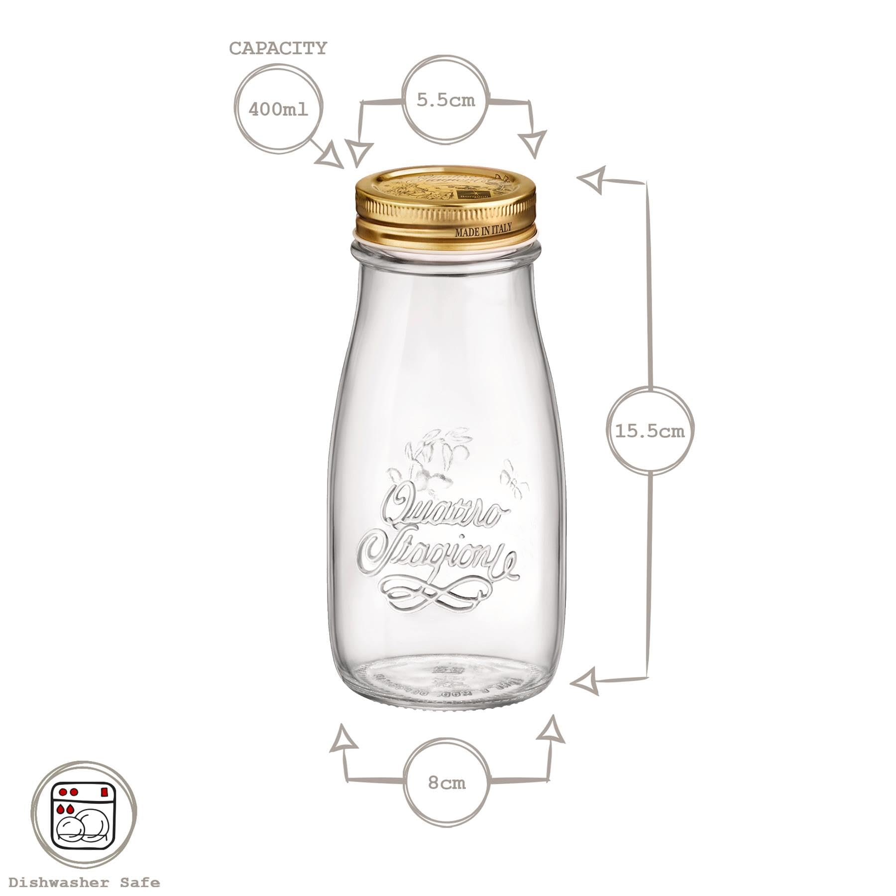 Bormioli Rocco Quattro Stagioni, Glass Canning Jar and Drinking Bottle, 13.5 Oz. with Gold Metal Airtight Lid, Made in Italy.