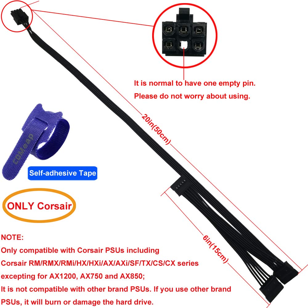 COMeap SATA Power Cable for Corsair PSUs, 6 Pin to 3X 15 Pin SATA Hard Drive Power Adapter Splitter for BTC Mining Riser Card 20-in(50cm)