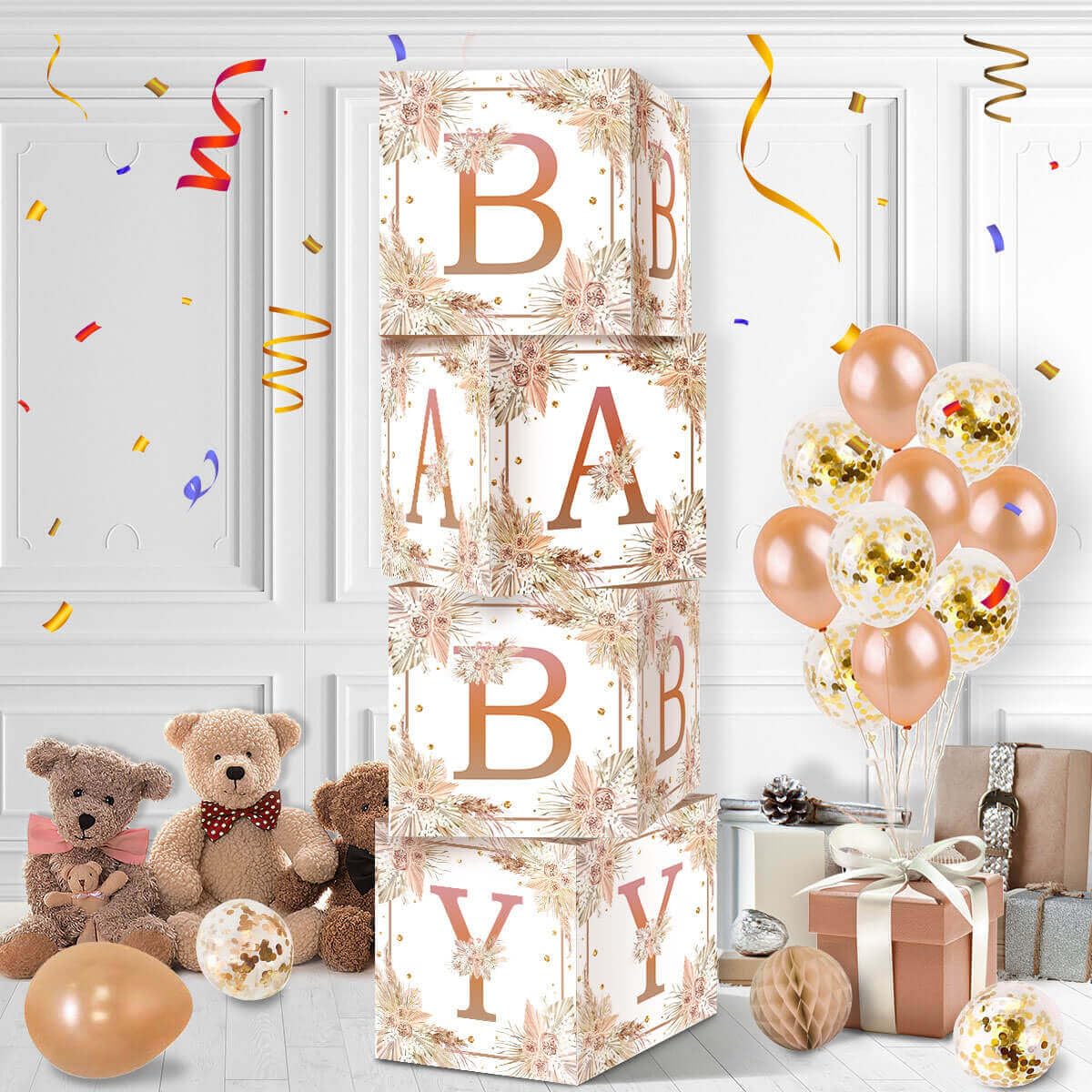 Boho Baby Shower Balloon Boxes Decorations - 4 Pcs Bohemian Pampas Grass Baby Shower Party Decorations for Hello Baby Events