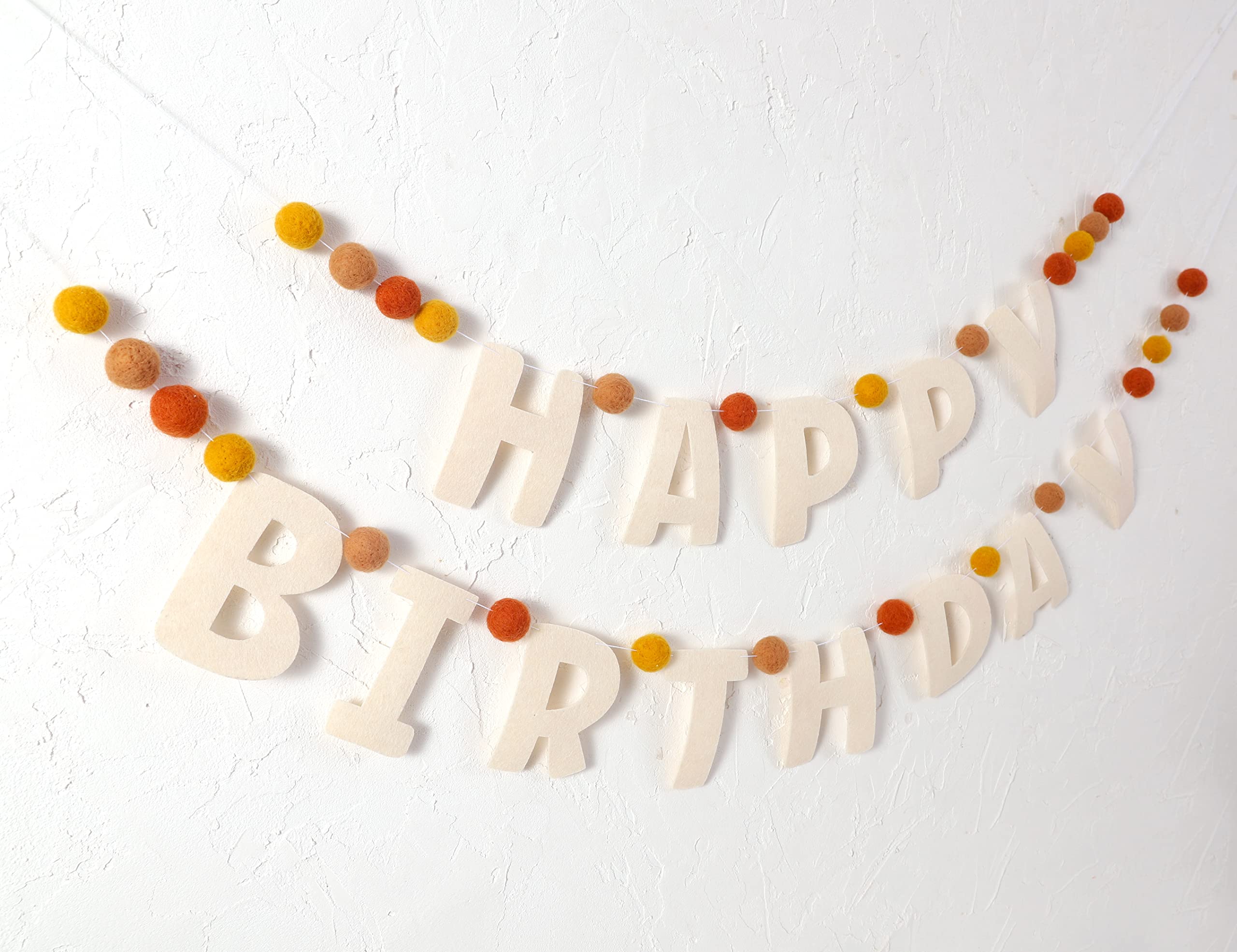 Boho Felt Happy Birthday Garland - Natural Handmade Wool Letters & Balls, Boho Birthday Decoration, Decorations for Children's Birthday Parties, Assembled Happy Birthday Banner