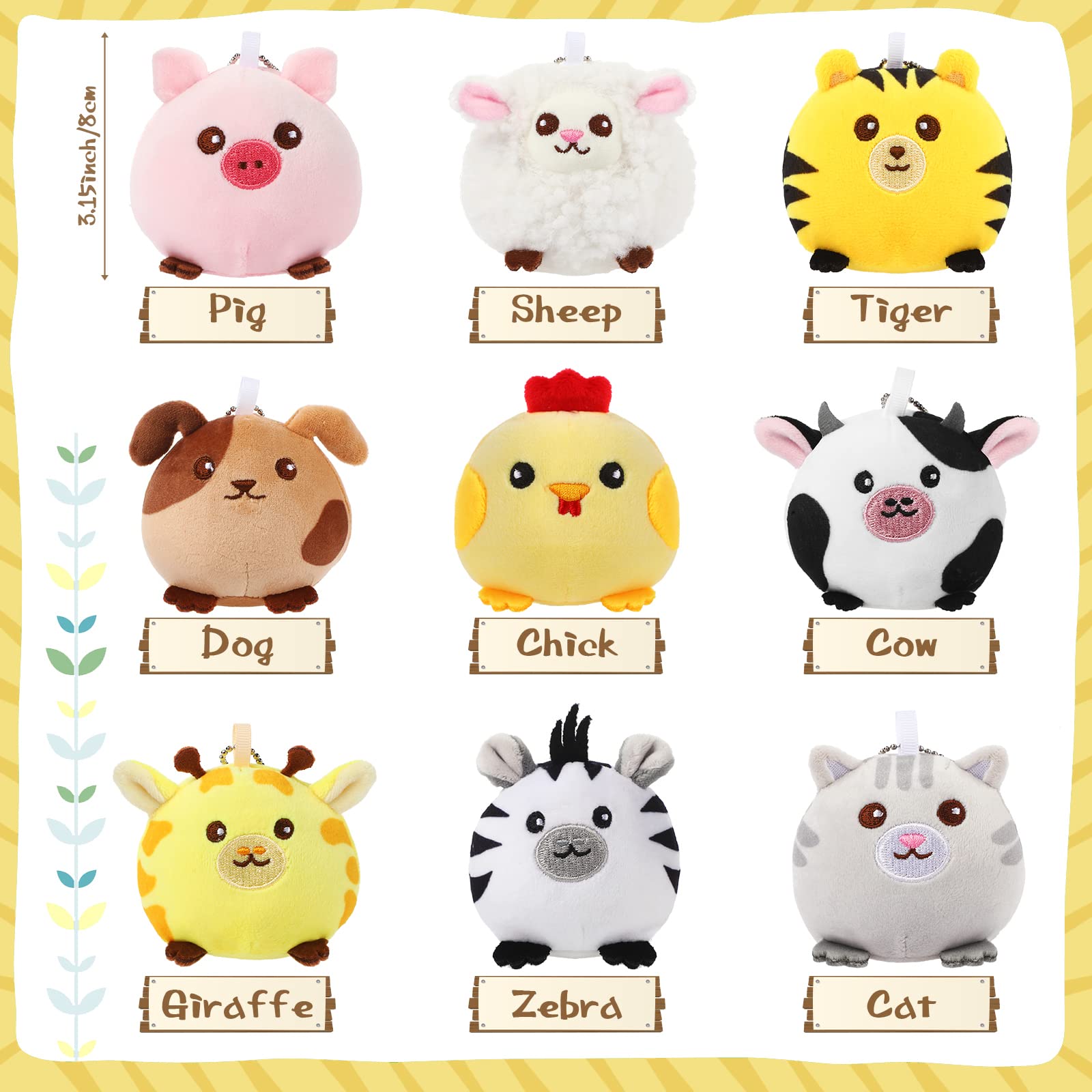 Skylety 9 Pcs Mini Plush Stuffed Animals Bulk 3.15 Inch Cute Soft Decompress Animals Plush Toys for Baby Shower Birthday Party Gifts Classroom Prizes Easter Basket Stuffers (Mixed Animals)