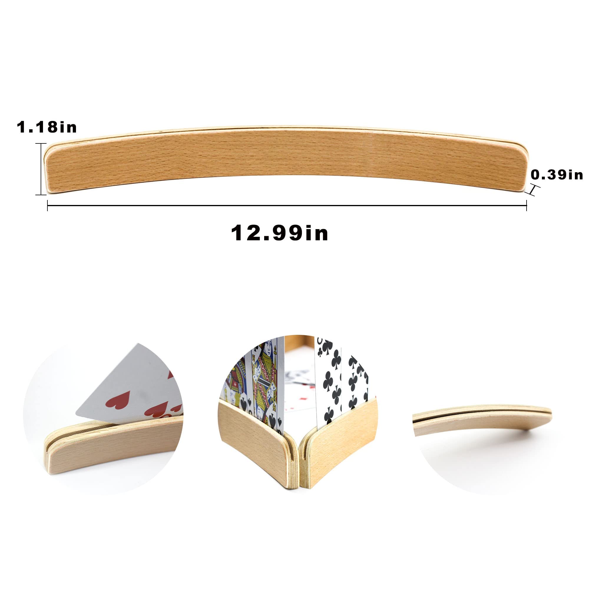 VINJOE Panorama Natural Wooden Curved Playing Card Holders Organizer Tray-Premium Solid Beechwood Playing Card Holders-Card Holder for Kids and Elder-Set of 4
