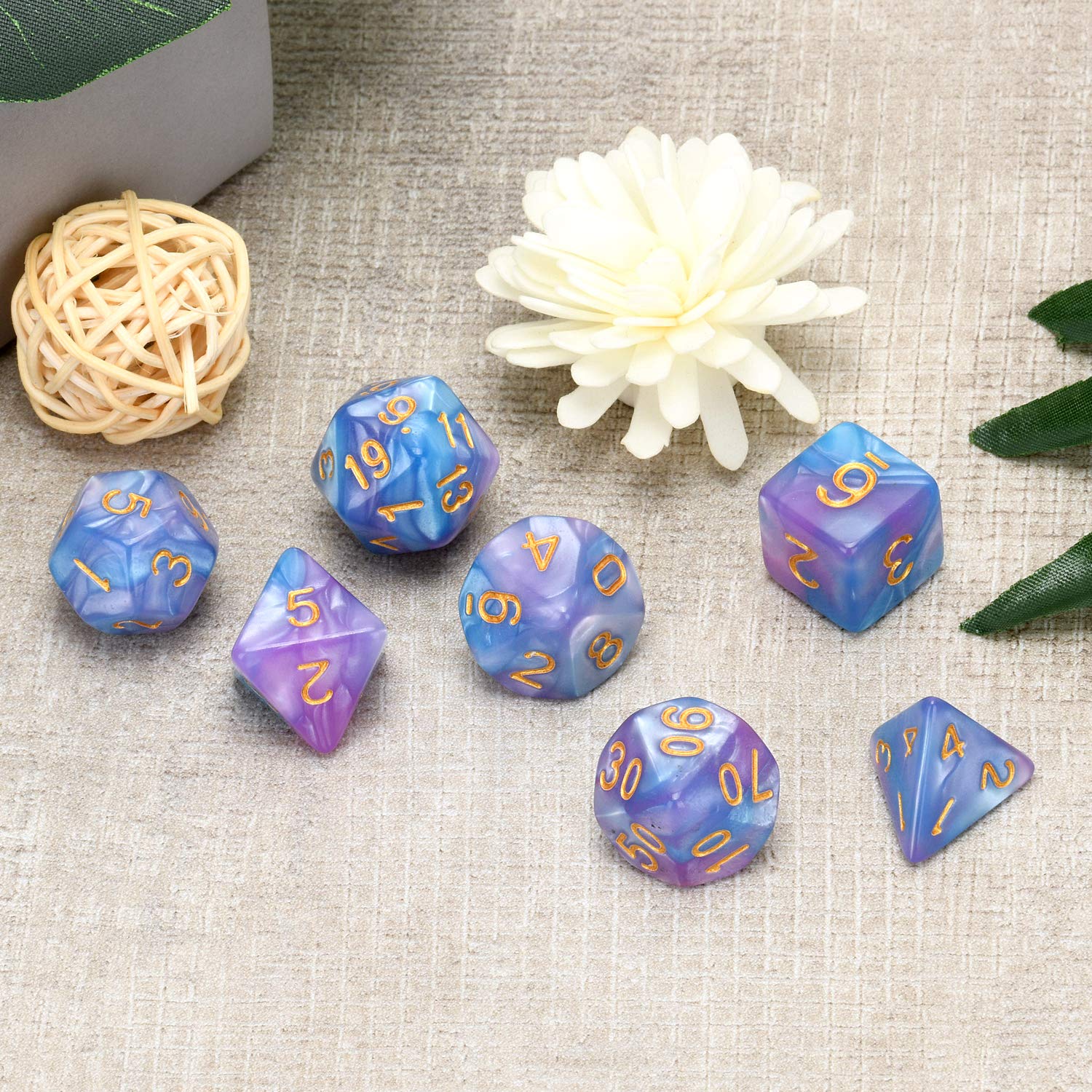 FLASHOWL Pearl DND Dice Set RPG Dice Polyhedral Dice D20 Dice D&D Dice, D12, D10, D8, D6, D4 DND RPG MTG Double Colors Game Dice DND Dice Sets 7 Set Dice for Table Gaming(7 Pieces Pink Blue)