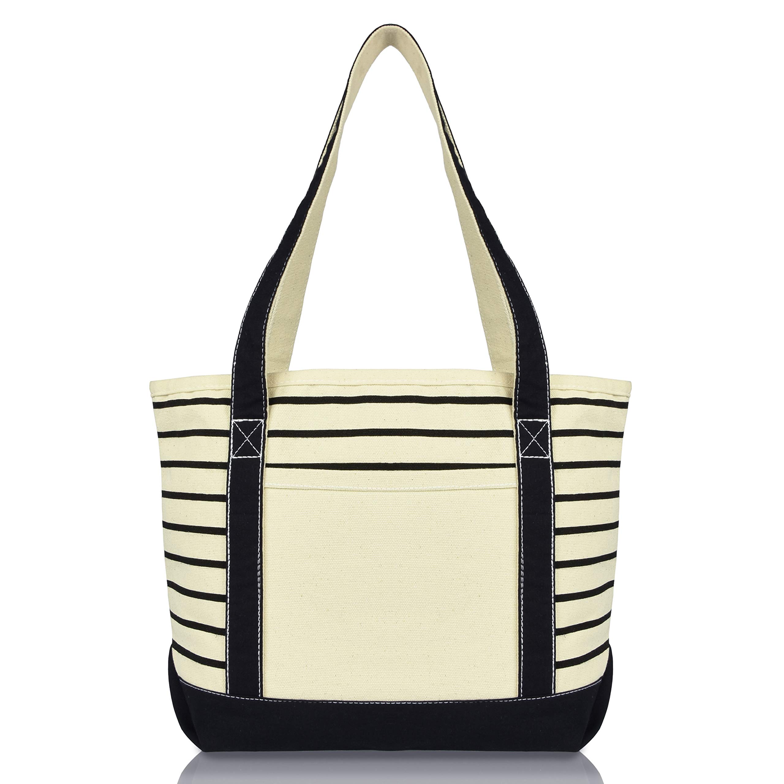 DALIX Small Stripe Tote Deluxe Shoulder Bag Cotton Canvas in Black