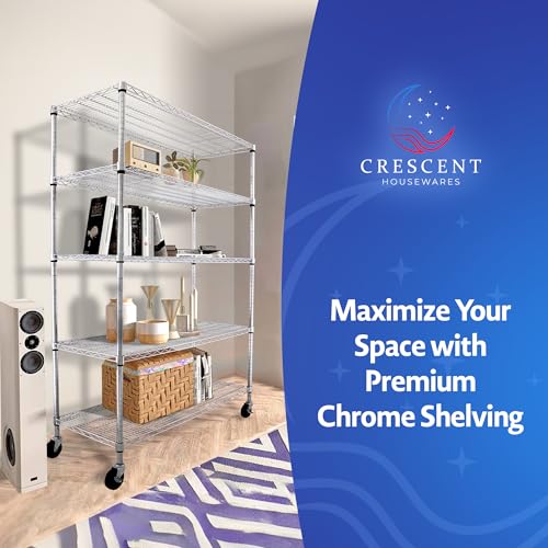 Crescent, Chrome, 48 x 18 x 76, 4000 LBS, Metal Shelves for Storage with Wheels, Ideal for Garage Shelving, 5 Tier Wire Shelving Rack for Kitchen Storage, Heavy Duty Shelving for Home Storage