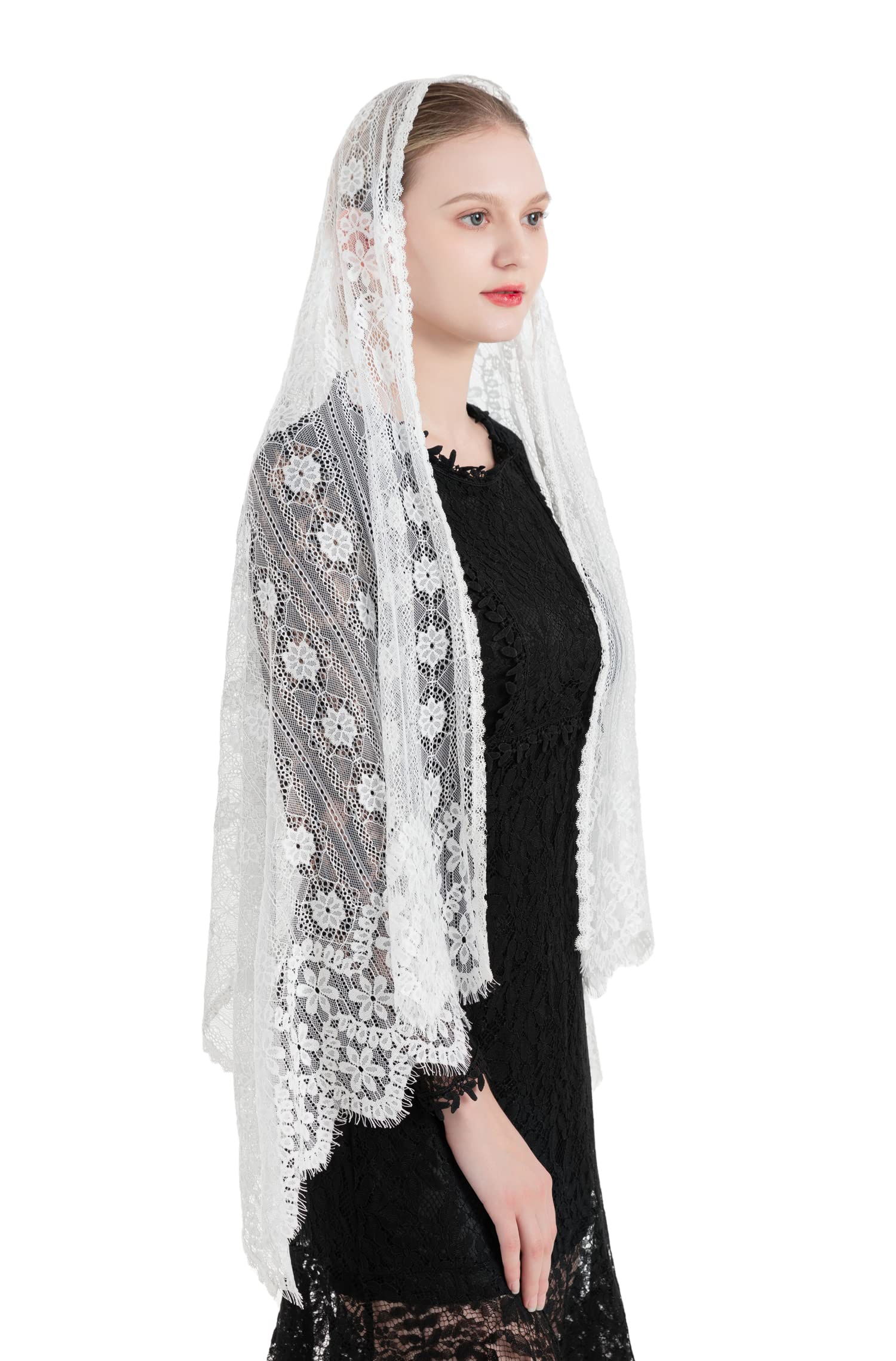 PAMOR Women Chapel Veil Rectangular Mantilla Wrap Shawl Scarf Head Covering Catholic Veils for Church (White)