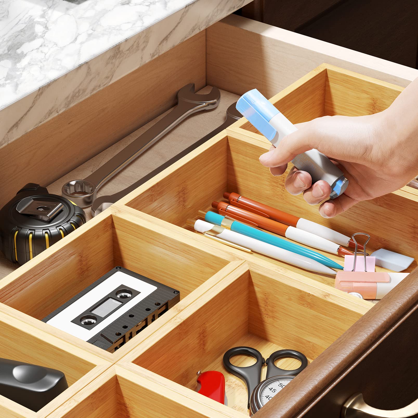 SpaceAid 6 Pcs Bamboo Drawer Organizer Storage Box Set, Multi-Use Drawer Organizer Bin for Kitchen, Bathroom, Office Desk and Makeup (6 Boxes)