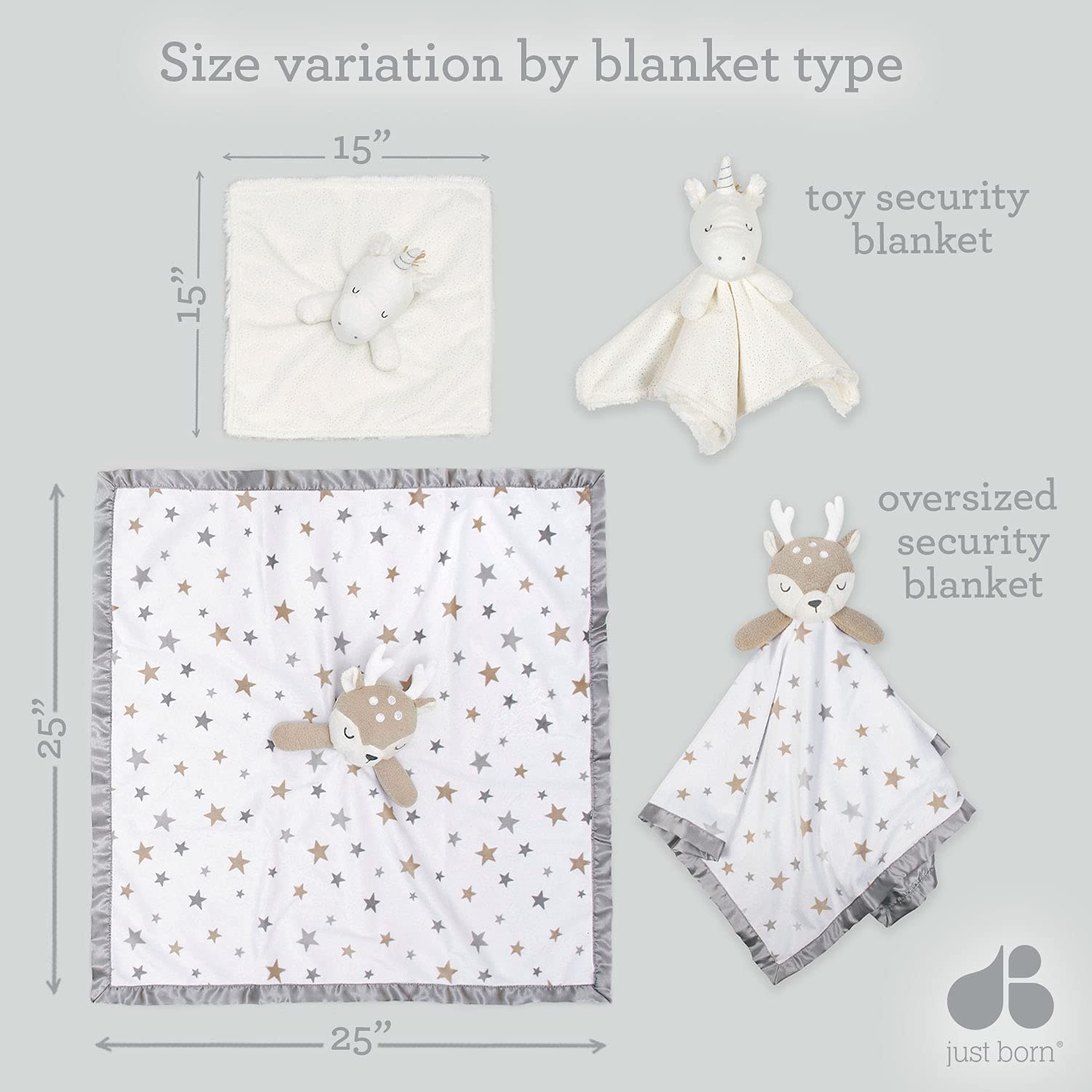 Just Born Boys and Girls Newborn Infant Baby Toddler Nursery Cuddleplush Toy Animal Security Blanket, Gray Elephant, One Size