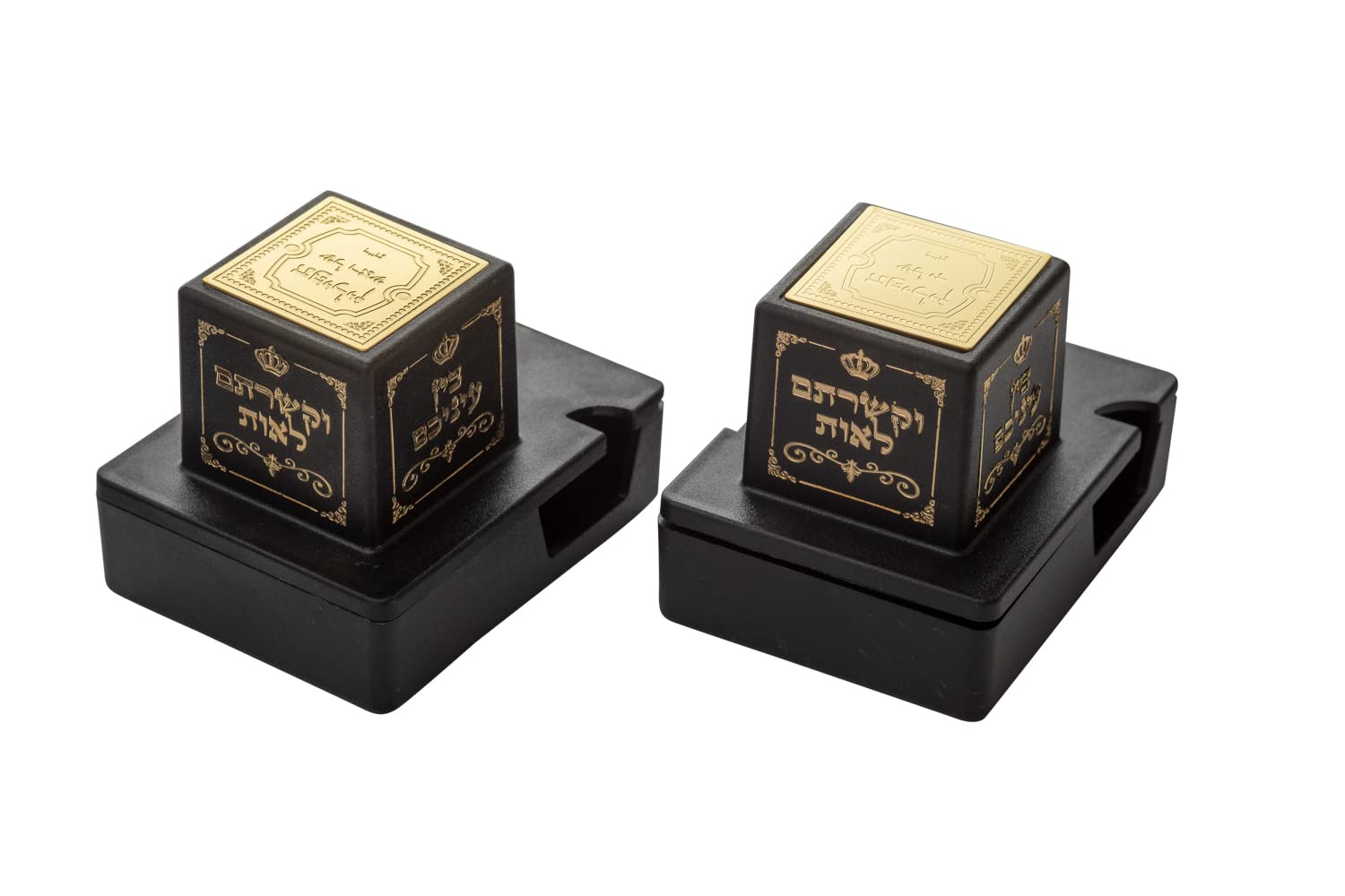 Plastic Tefillin Boxes Case Cover with metal plate on top set of 2 Shel Rosh And Shel Yad For Righty (Black And Gold Rabbeinu Tam, 35)