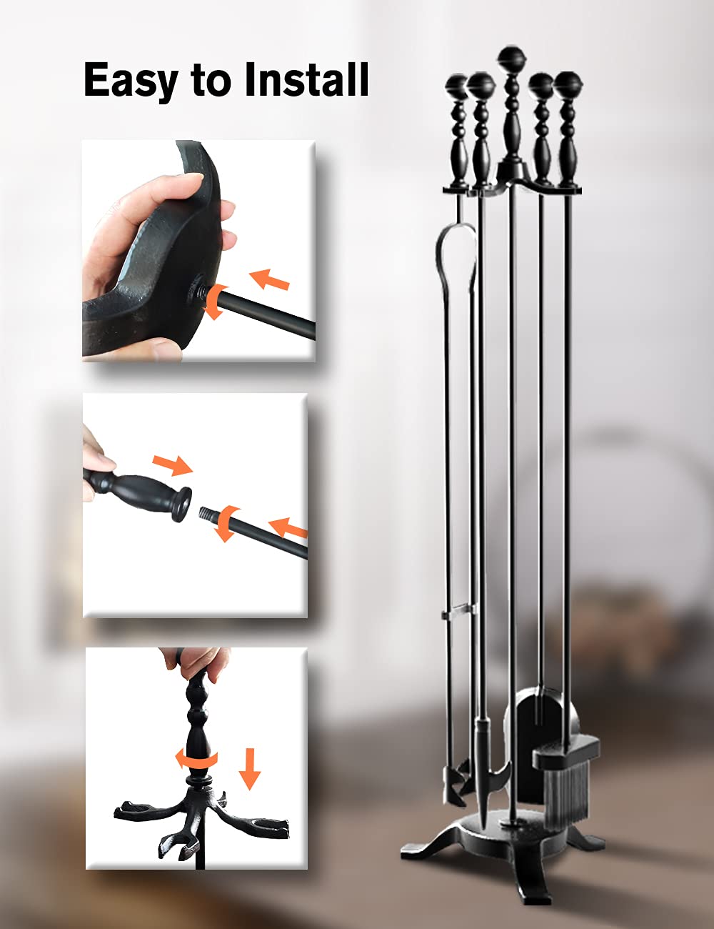 COMFYHOME 5-Piece Fireplace Tools Set 32'', Heavy Duty Wrought Iron Fire Place Tool w/Long Fire Poker, Shovel, Tongs, Brush, Stand for Outdoor Indoor Chimney,Stove, Fire Pit Easy to Assemble,Black