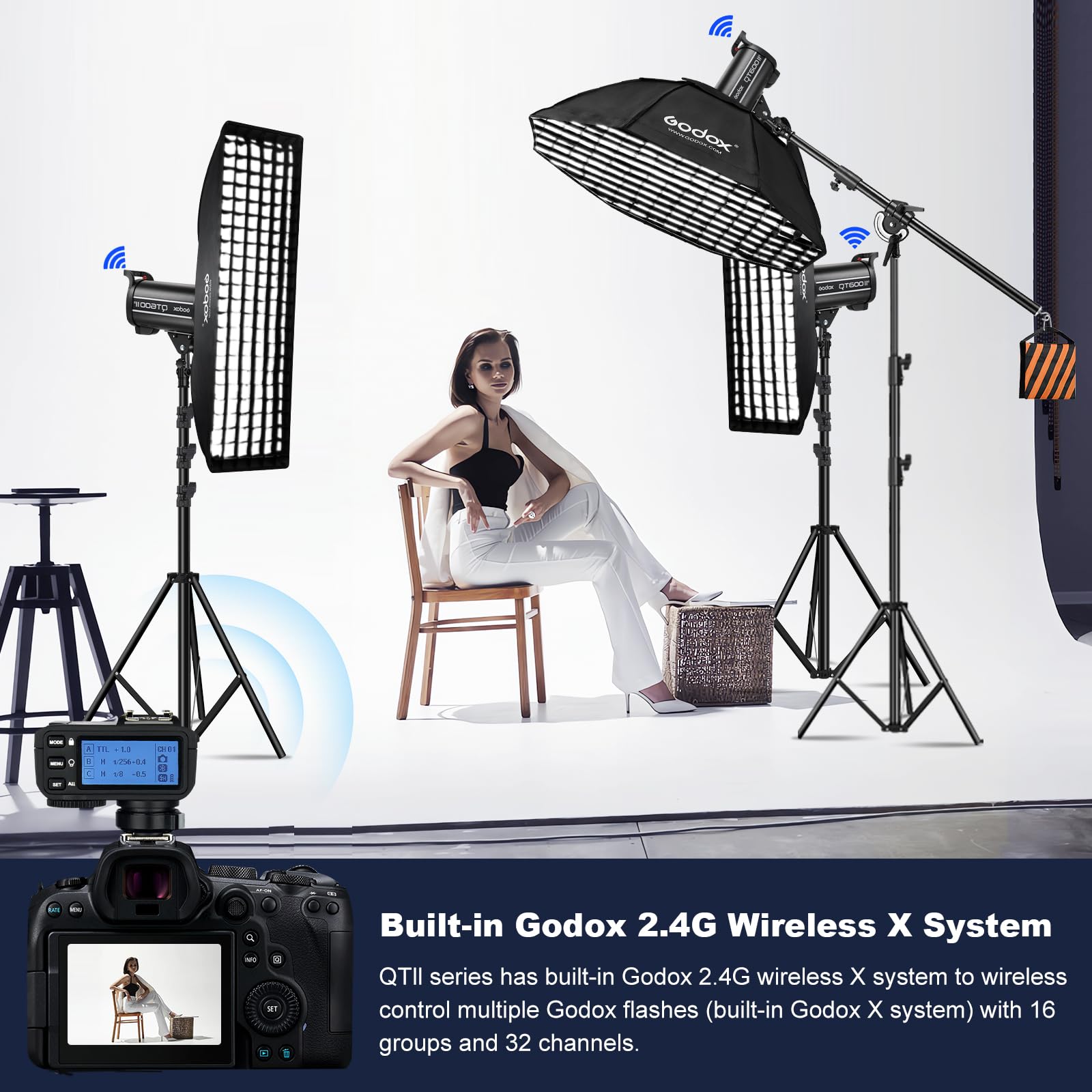 Godox 3 Pack QT600II 1800Ws 2.4G TTL Speedlite Studio Flash Strobe Light Bowens Mount Kit,GN76 1/8000s HHS,Recycle in 0.05-0.9 Sec for Studio Shooting, Location and Portrait Photography