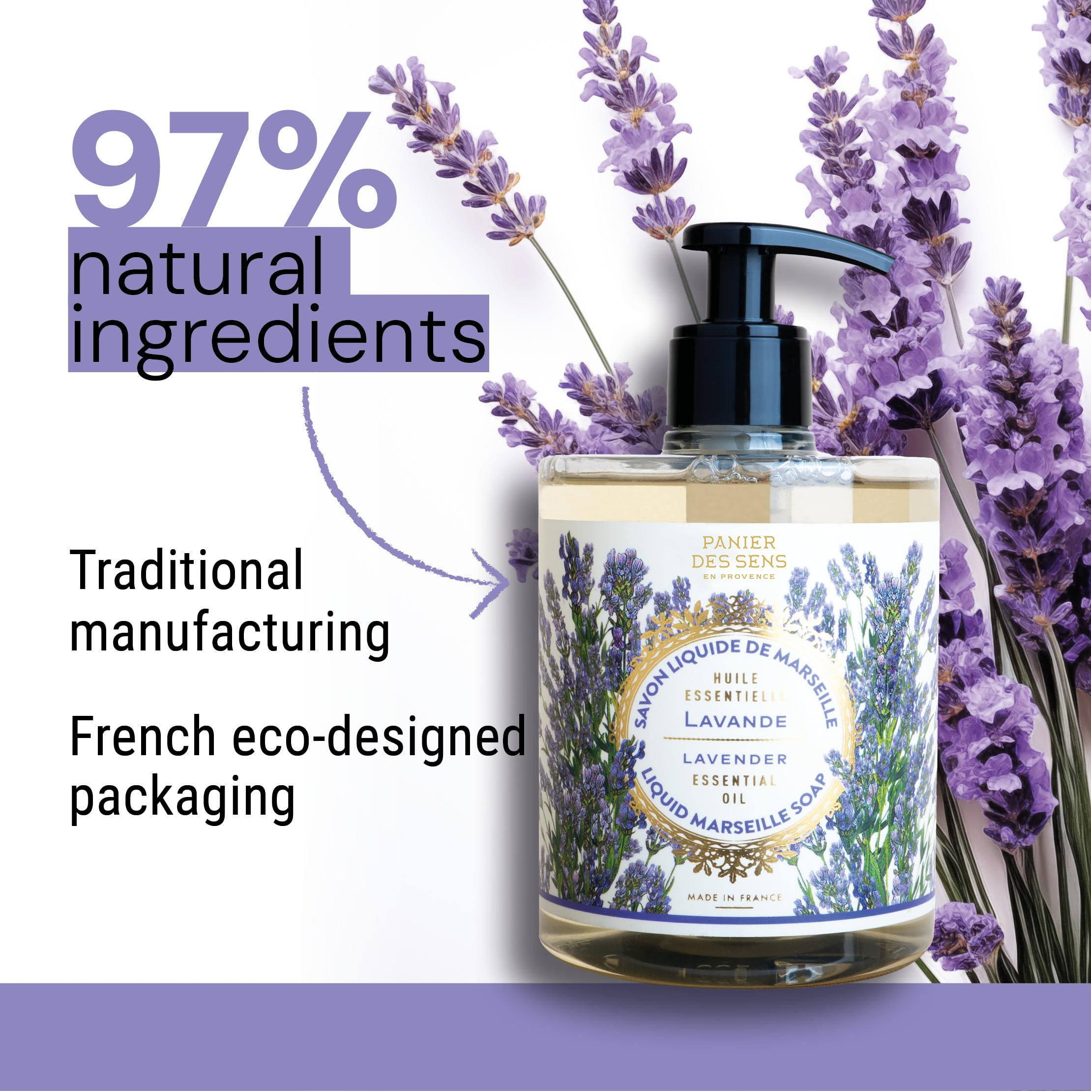 Panier des Sens - Liquid Hand Soap - Lavender Hand Wash - French Marseille Moisturizing Hand Soap with Coconut Oil - Refillable Kitchen & Bathroom Hand Soap - 97% Natural Ingredients -16.9 Fl.oz