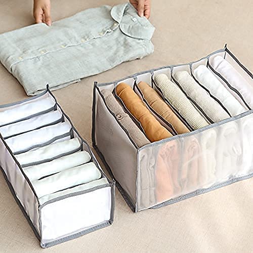 LELEBEAR Lakehemlock Wardrobe Clothes Organizer, 7 Grids Foldable Jeans Compartment Storage Box, Closet Organizers and Storage Baskets for Bedroom Dorm Room (2 Pcs White, M)
