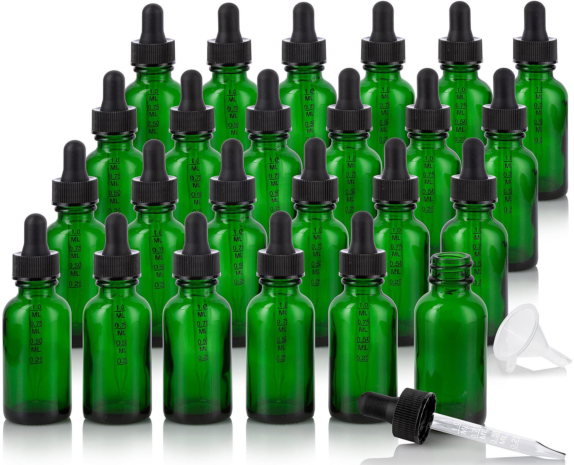 JUVITUS 1 oz / 30 ml Green Glass Boston Round Empty Bottle with Graduated Measurement Glass Dropper (24 Pack)