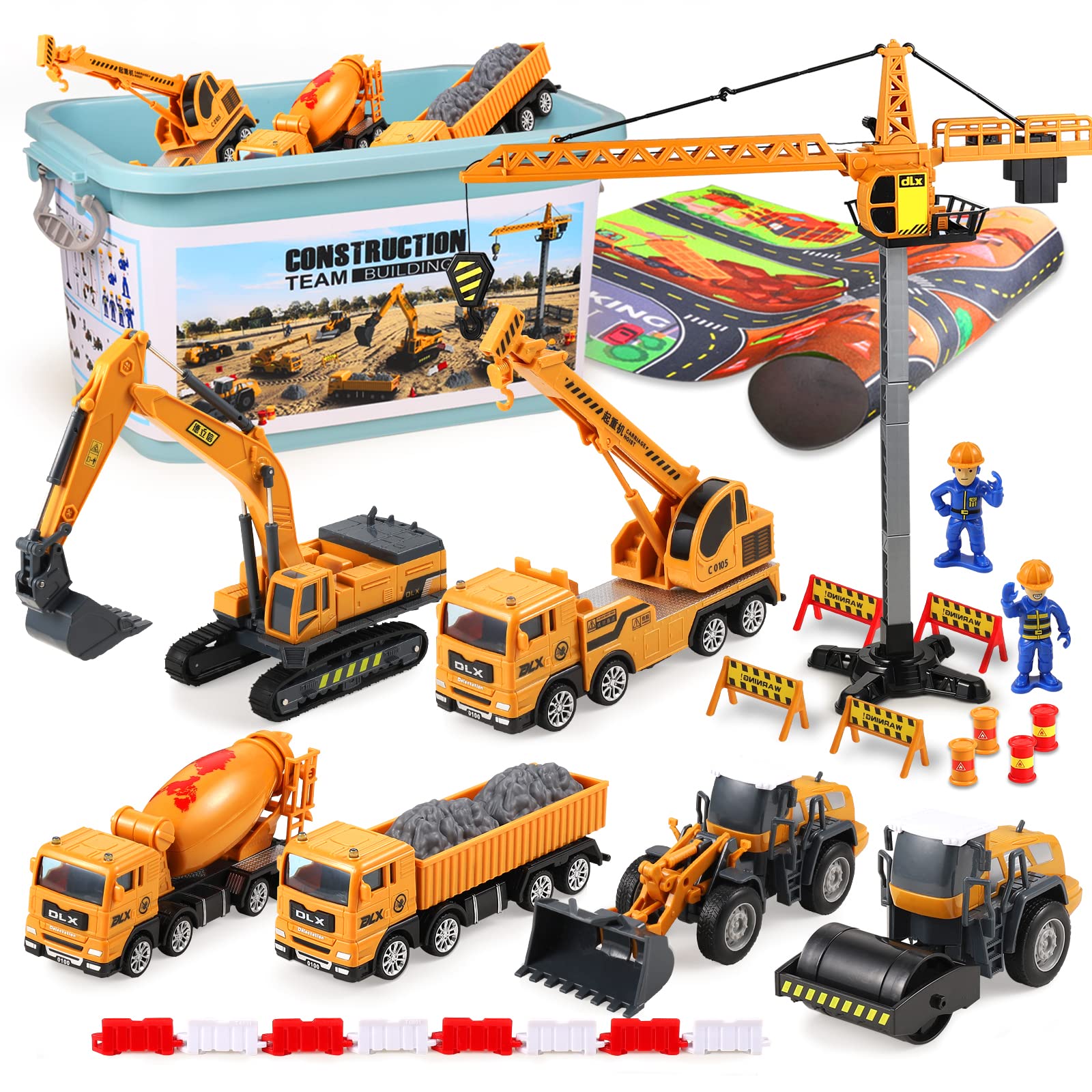 PANITU Construction Truck Toy Set with Game Mat and Storage Bucket, Kids Engineering Cargo Transport Vehicles Site Playset, Tractor, Crane, Dump Trucks, Excavator, Gift for 3 + Toddlers Boys Children
