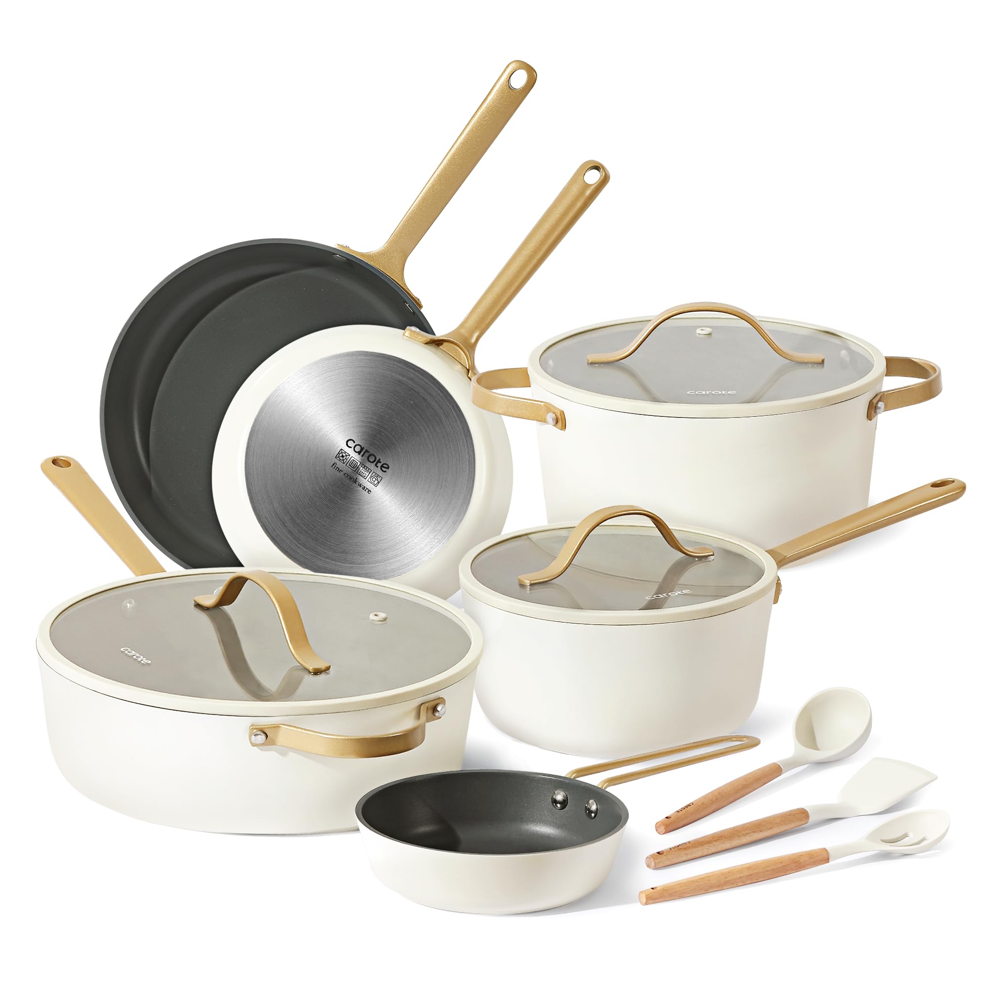 CAROTE 12PCS Saudi Collection Nonstick Cookware Set, Pots and Pans Set Non Stick, Dishwasher Safe, Oven Safe Up to 500ยฐF, Cream and Gold