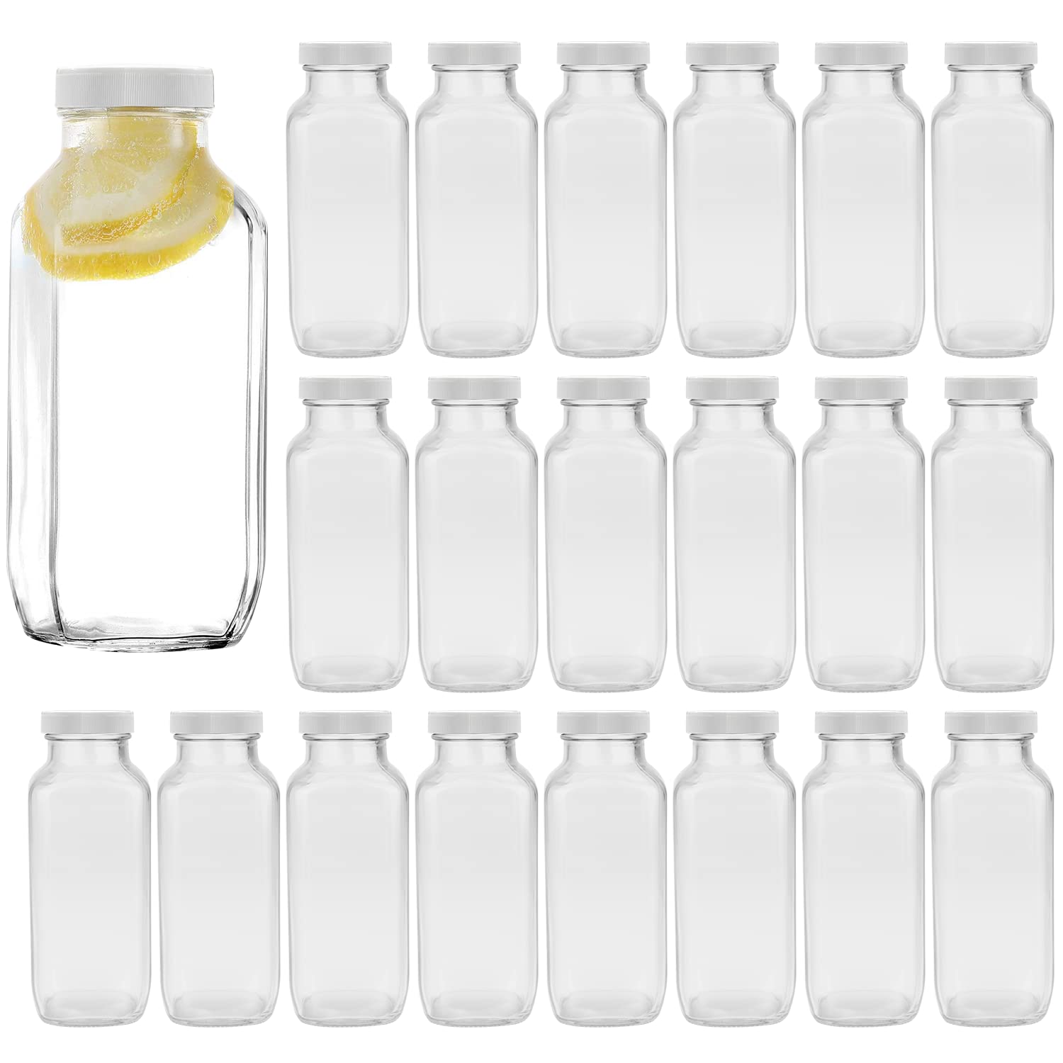Encheng Vintage Water Bottles,Glass Drinking Bottles 16oz,Clear Beverage Bottles 500ml With Lids For Kombucha,Tea,Glass Bottles For Homemade Drinks,Travel Reusable Juicing Milk Bottles,20 Pack