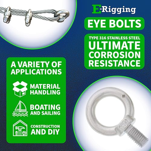 E-Rigging 3/8" x 11/16" Stainless Steel Machinery Eye Bolt, Type 316 Stainless Steel Eye Hook for Railings, Outdoor Lighting, DIY Projects, Material Handling, Docks and Boats