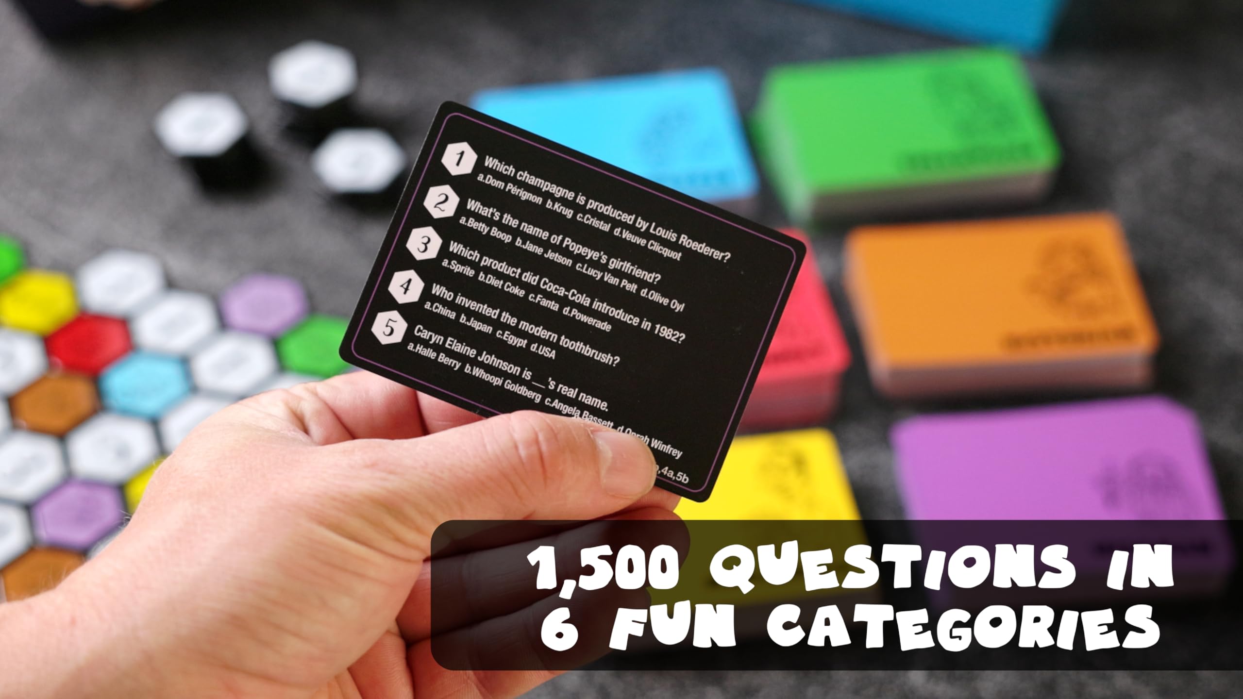 Hexaquest: Strategic Trivia Board Game - 1500 Questions, 6 Categories, 65 Hexagon Tiles, Luxury Bag - Quick to Learn