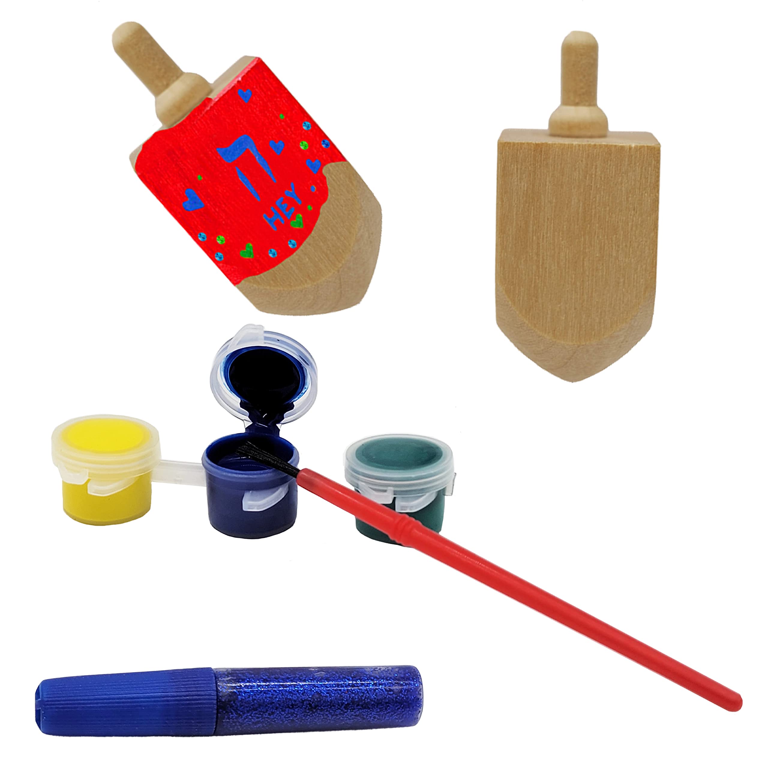 Craft-A-Dreidel, Create Your Own Custom Dreidel, Kit Includes 2 Wooden Dreidels, 3 Colors, 1 Brush, 1 Glitter, Fun and Educational (2 Dreidels)