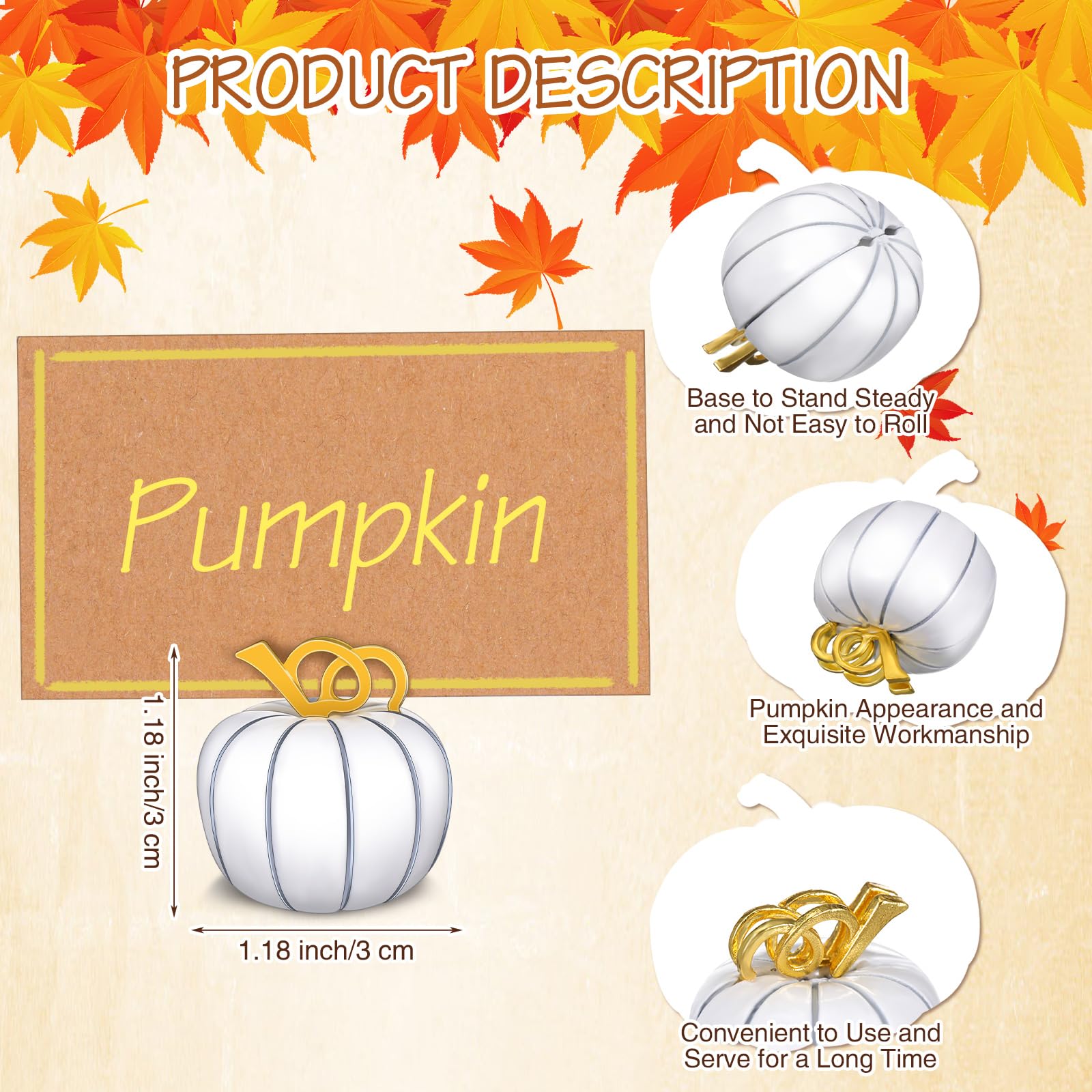 Thyle 24 Pcs Pumpkin Place Card Holder Thanksgiving Pumpkin Stand Holders Mini Pumpkin Photo Holder Fall Table Decoration Harvest Pumpkin Table Number Holders for Party Wedding Table (White)