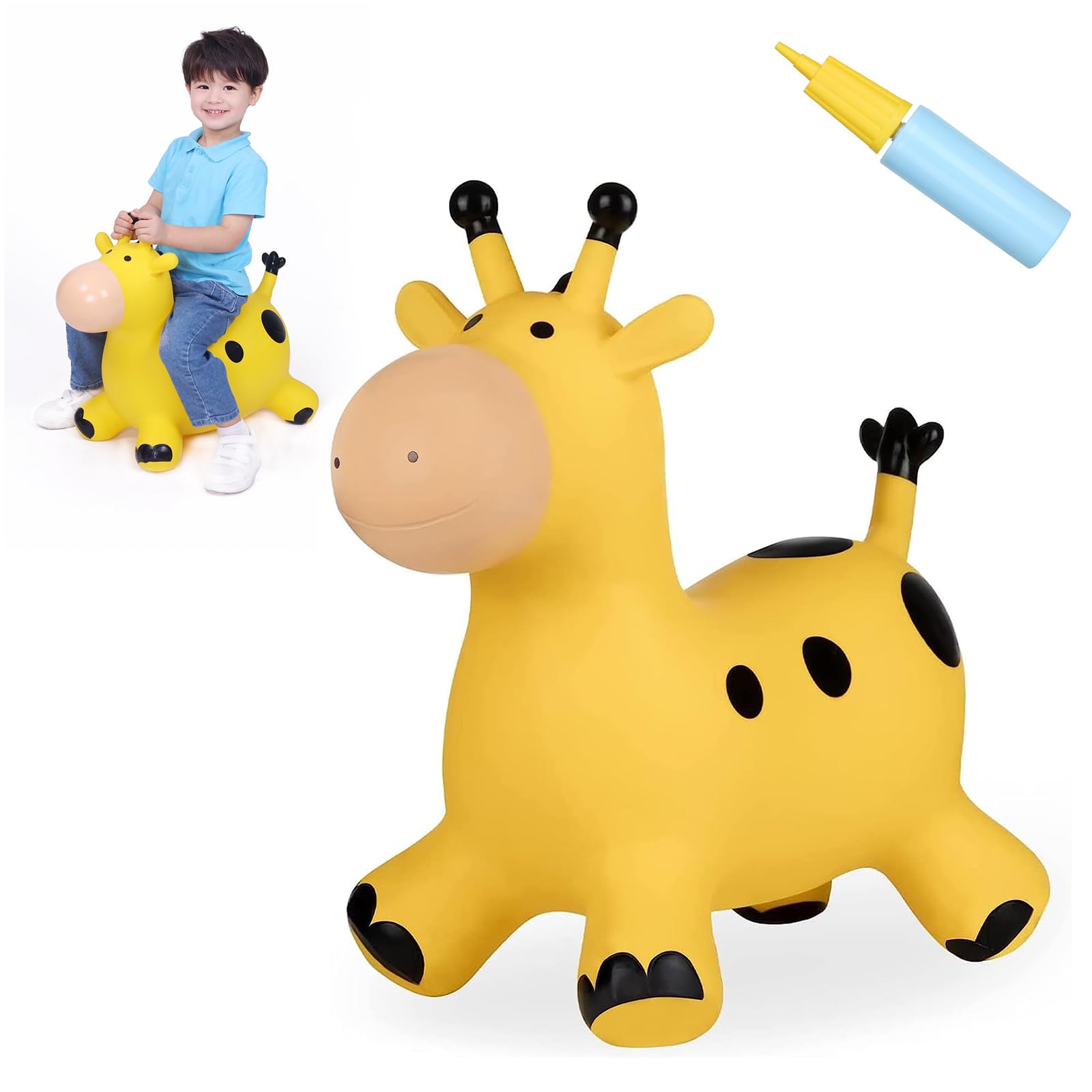 INPANY Giraffe Bouncy Horse Hopper Toys, Toddler Bouncing Zoo Animals, Inflatable Jumping Hopping Horse, Ride on Rubber Bouncer for Kid, Outdoor Indoor Birthday Gifts for 2 3 4 Year Old Girl Boy