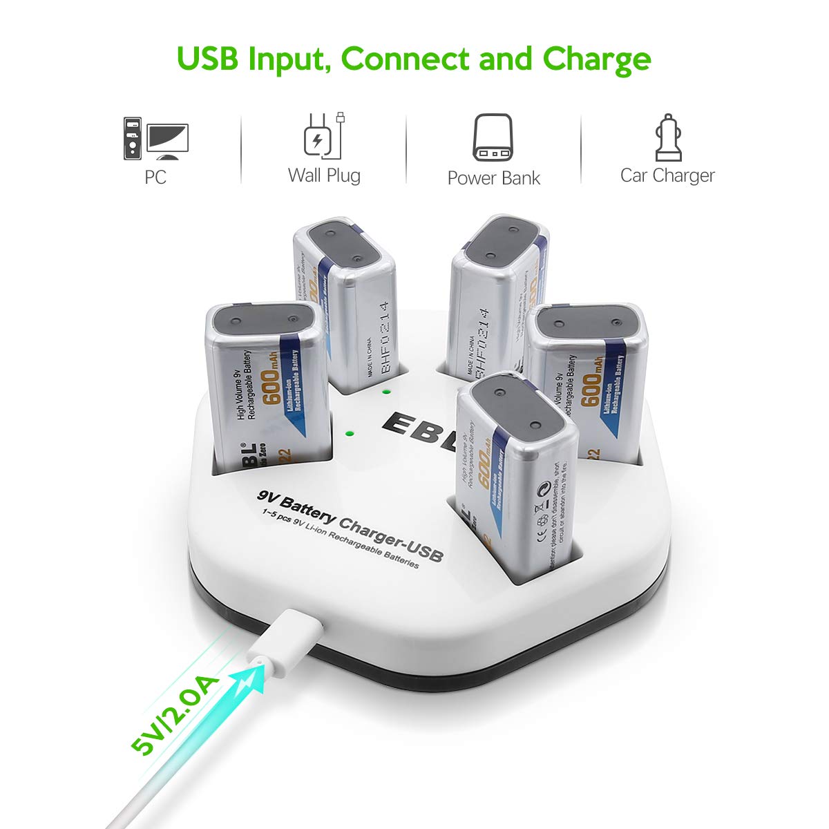 EBL 9V Rechargeable Batteries Lithium ion 9V 600mAh Batteries 600mAh (5 Packs) with 5 Bay 9V Battery Charger 2A Input for Smoke Alarm Detectors