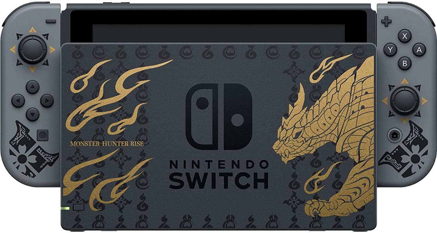 Newest Nintendo Switch Monster Hunter Rise Deluxe Edition with Gray Joy-Con, 6.2" Multi-Touch 1280x720 Display, with 128GB microSD Card and Carrying Case and Microfiber Cloth Bundle