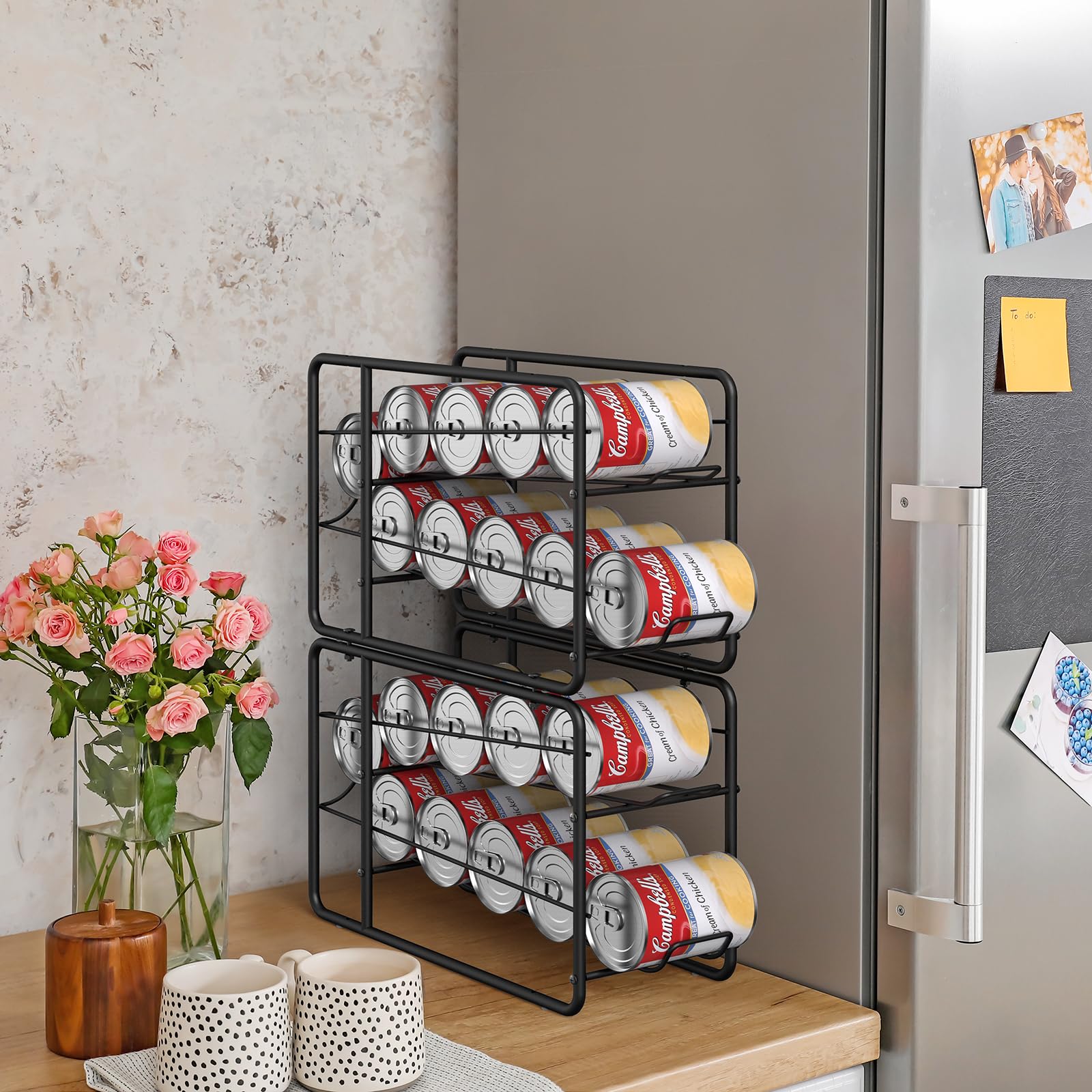 MOOACE 4 Pack Can Dispenser Rack, Stackable Can Storage Organizer Holder for Canned Food Kitchen Cabinet Pantry Countertop, Black