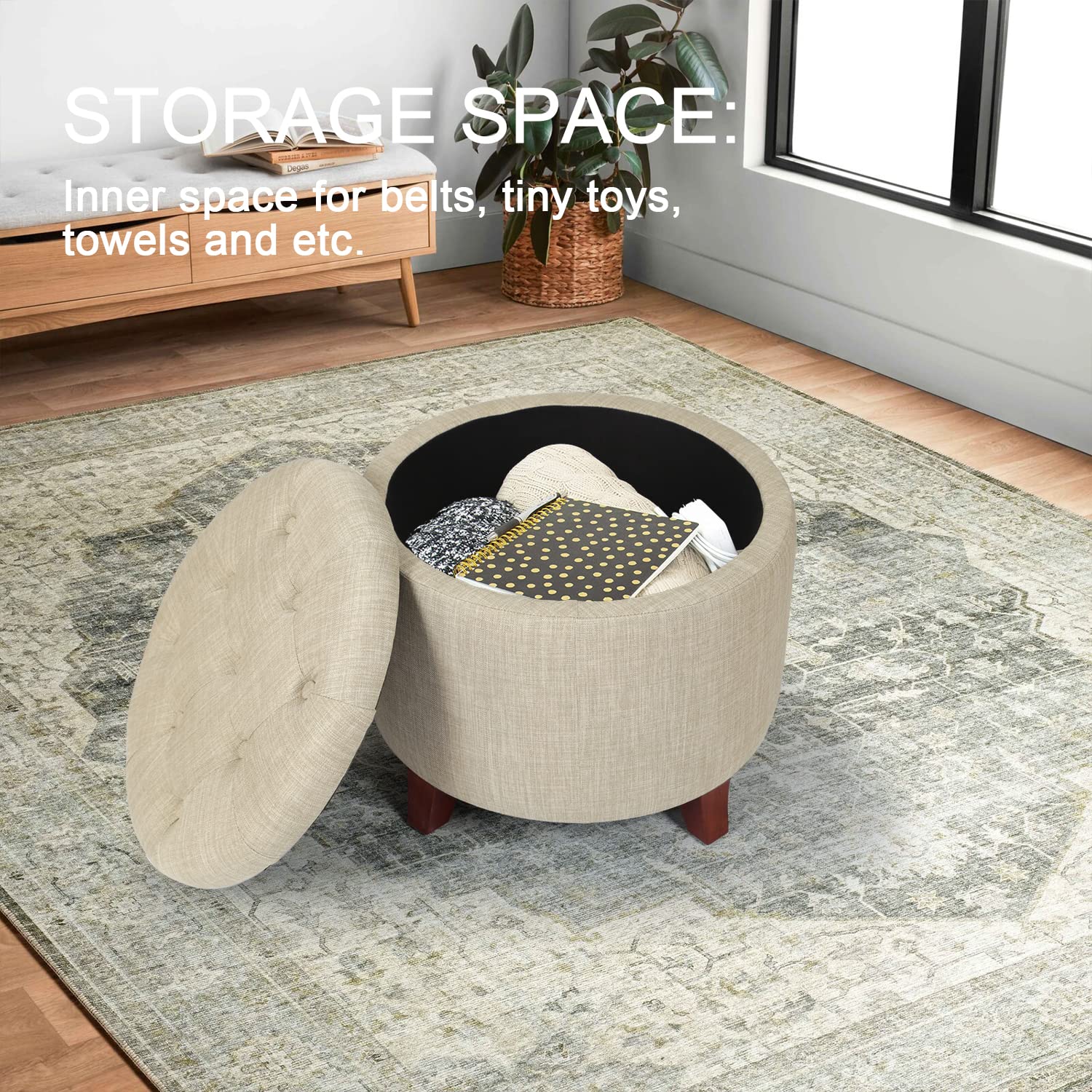 DECO DE VILLE Round Footstool Storage Ottoman, Cushion Button Tufted Linen Fabric Ottoman with Removable Lid, 20", Beige