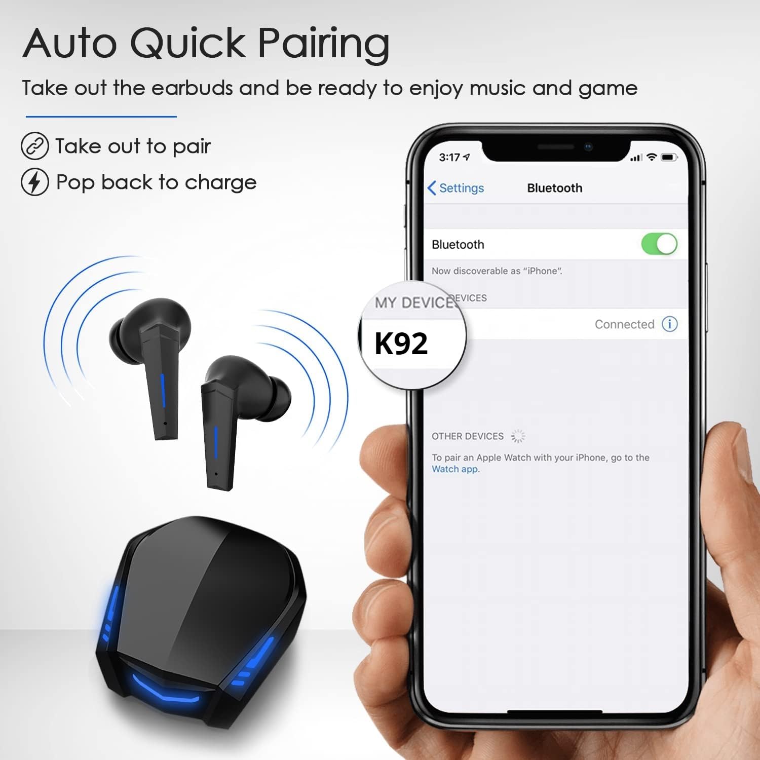 OONOL Wireless Earbuds, Yi-shaney Bluetooth 5.2 Bass Sound Headphones Gaming Earphones with Touch Control, Noise Cancelling Waterproof Headset with Mic, 18H Play Time, 65ms Low Latency (Black)