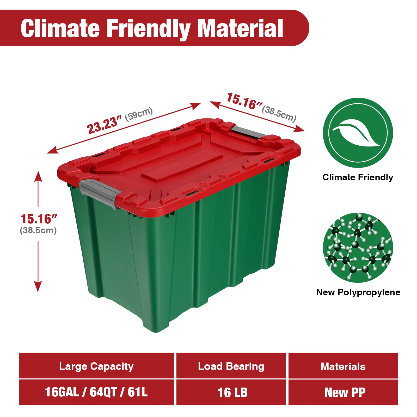 BROVIEW V12 16 Gal Heavy Duty Plastic Storage Bins with Lock Hole & Handle, Stackable Tough Tote Storage Box Containers with Latching Lids for Christmas Holiday Ornament (Green Base/Red Lid, 4 Pack)