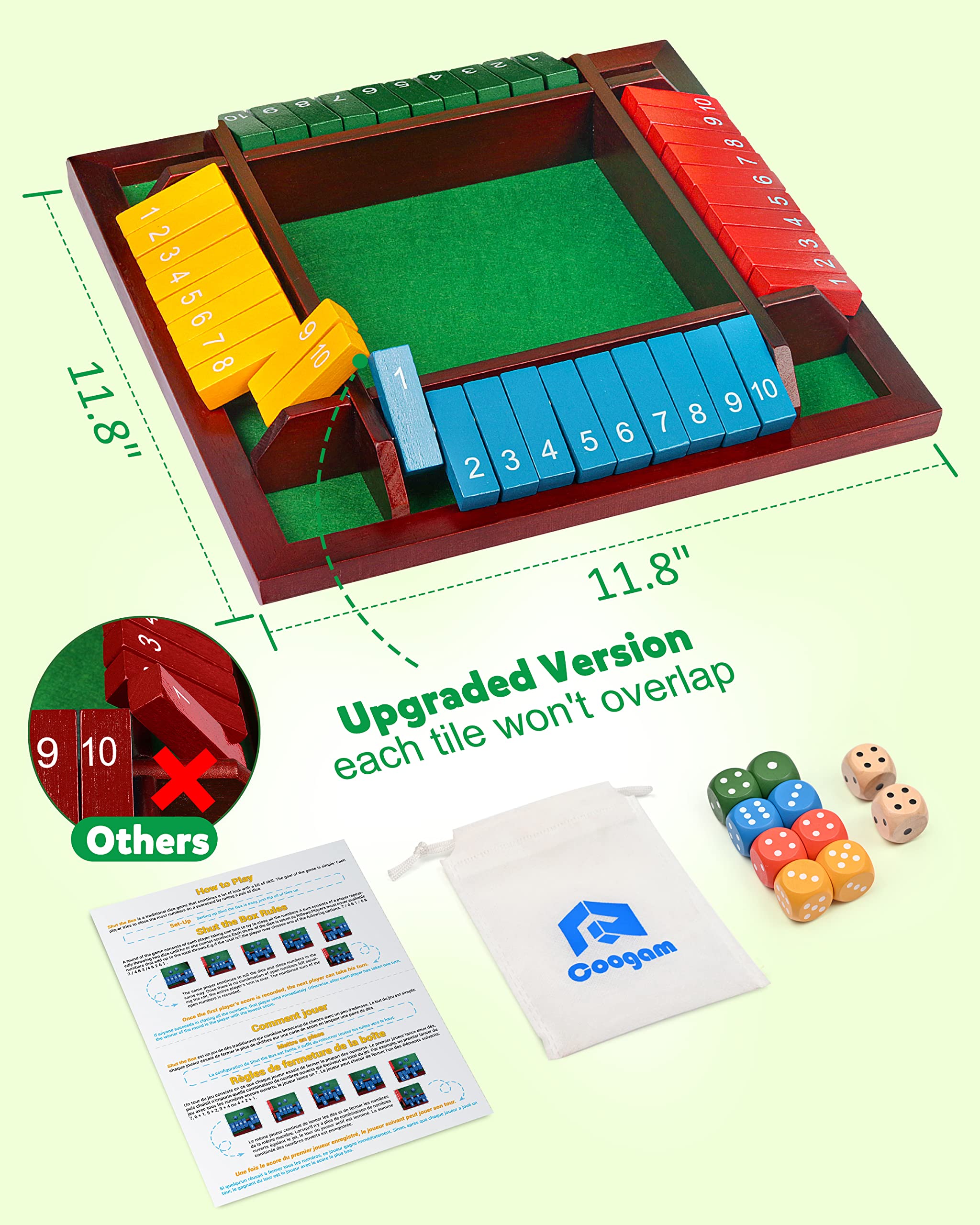 Coogam Shut The Box Dice Game Wooden Board Math Number Game Family Pub Bar 1-4 Players with 10 Colored Dice for Adults Kids