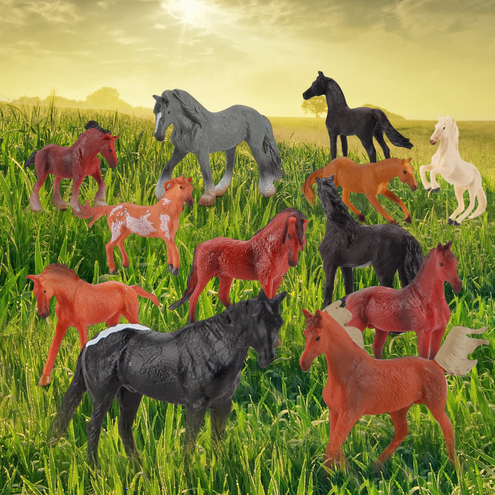 WONWONTOYS 12PCS Realstic Mini Horse Figurines Toy Palyset Arabian Horse Hannover Horse Morgan Stallion Solid Steed Model Set Early Educational Cognitive Toy for Kids