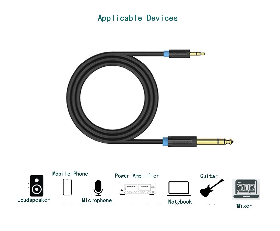 EVNSIX Audio Instrument Cable - 5FT 1/8" Male to 1/4" Male Aux Jack TRS Stereo Audio Cable for iPhone, iPod,Guitar Laptop Amplifier Microphone/24K 15U Gold Plated PVC Infection Molding Shell
